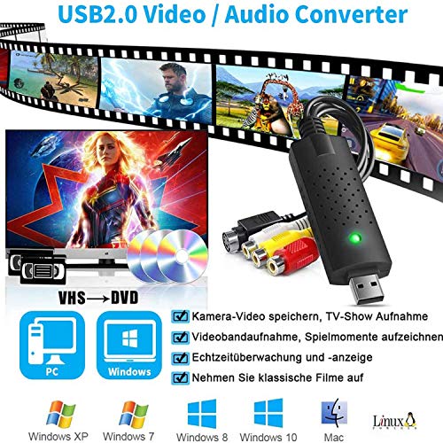 USB 2.0 Audio/Video Converter - Digitize and Edit Video,VHS to Digital Converter,Suit for Analog Source Including VCR, VHS, DVD (Black)