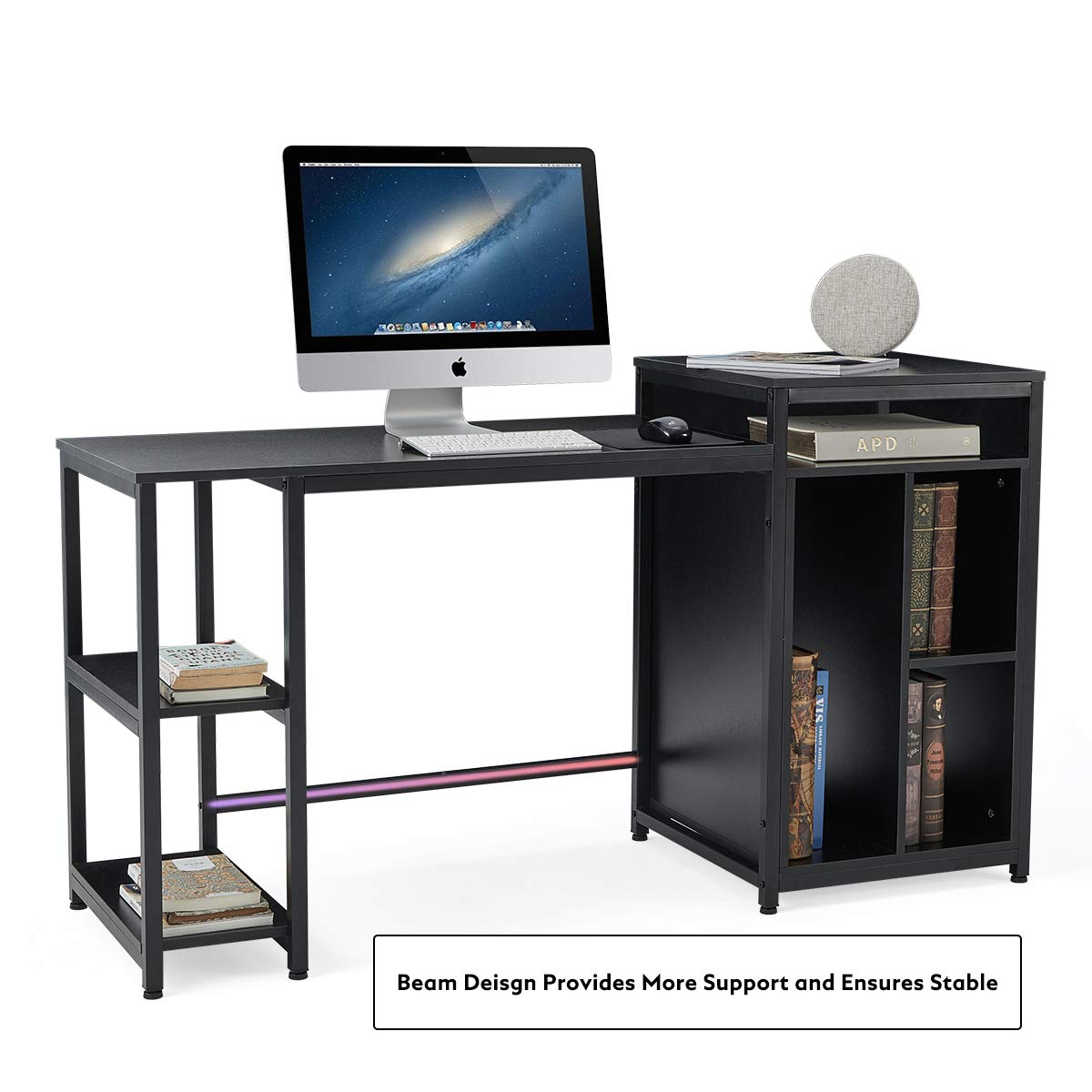 YOLENY Computer Desk with Storage Bookshelves,47 inch Modern Sturdy Writing Desk,PC Table with Space Saving Design,Home Office Desk Workstation for Home Office,Black