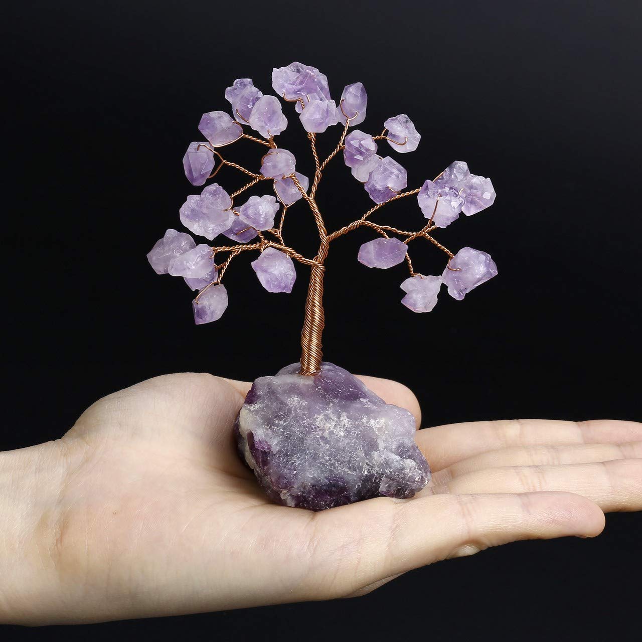 Top Plaza Amethyst Reiki Healing Crystals Copper Money Tree Wrapped On Raw Natural Fluorite Base Crystal Home Office Desk Tree Decor Feng Shui Luck Figurine Statue Mini Sized