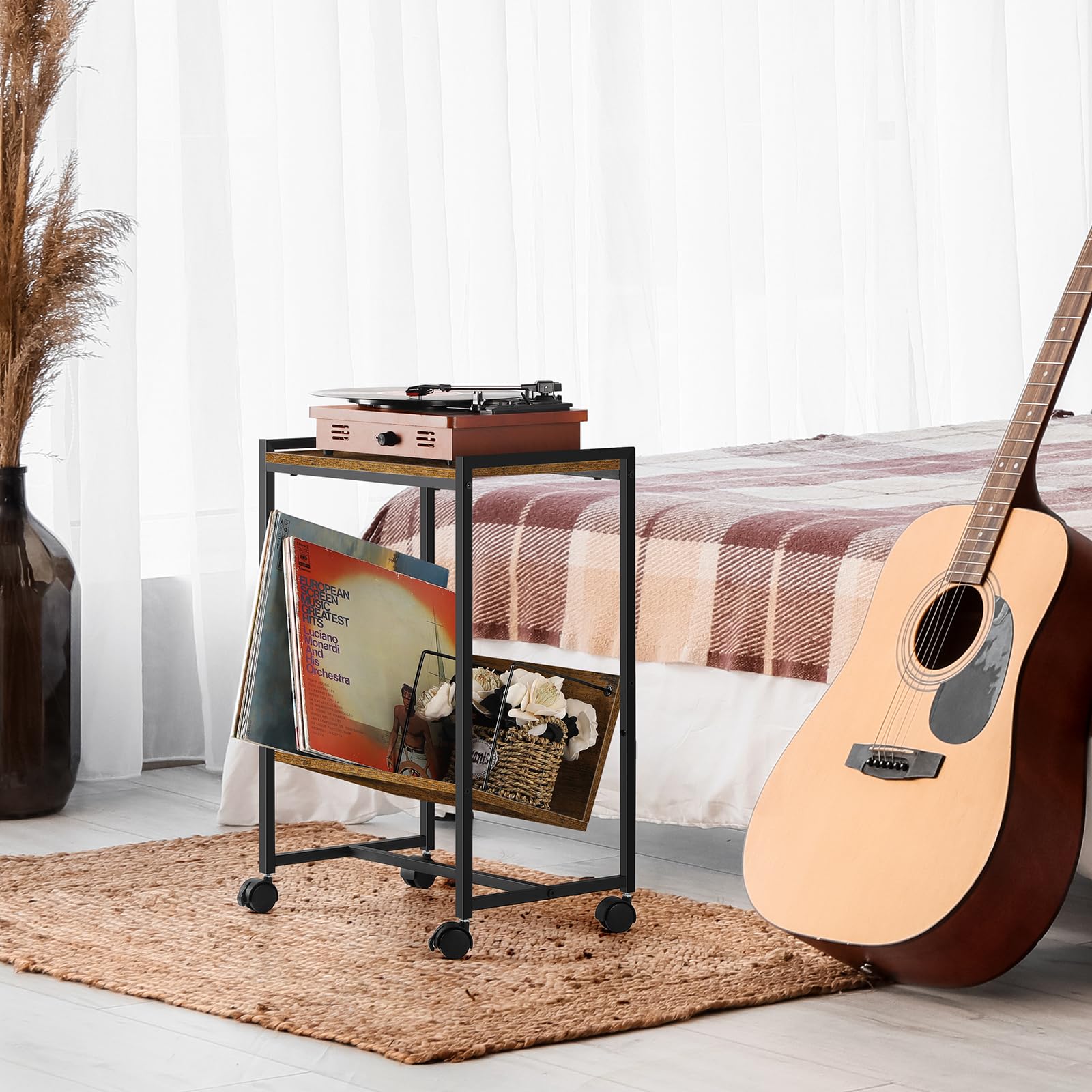 smusei Record Player Stand Industrial Record Player Table with Album Storage Shelf, Turntable Stand with Wheels Vinyl Record Holder Cabinet for Living Room Office, Rustic Brown