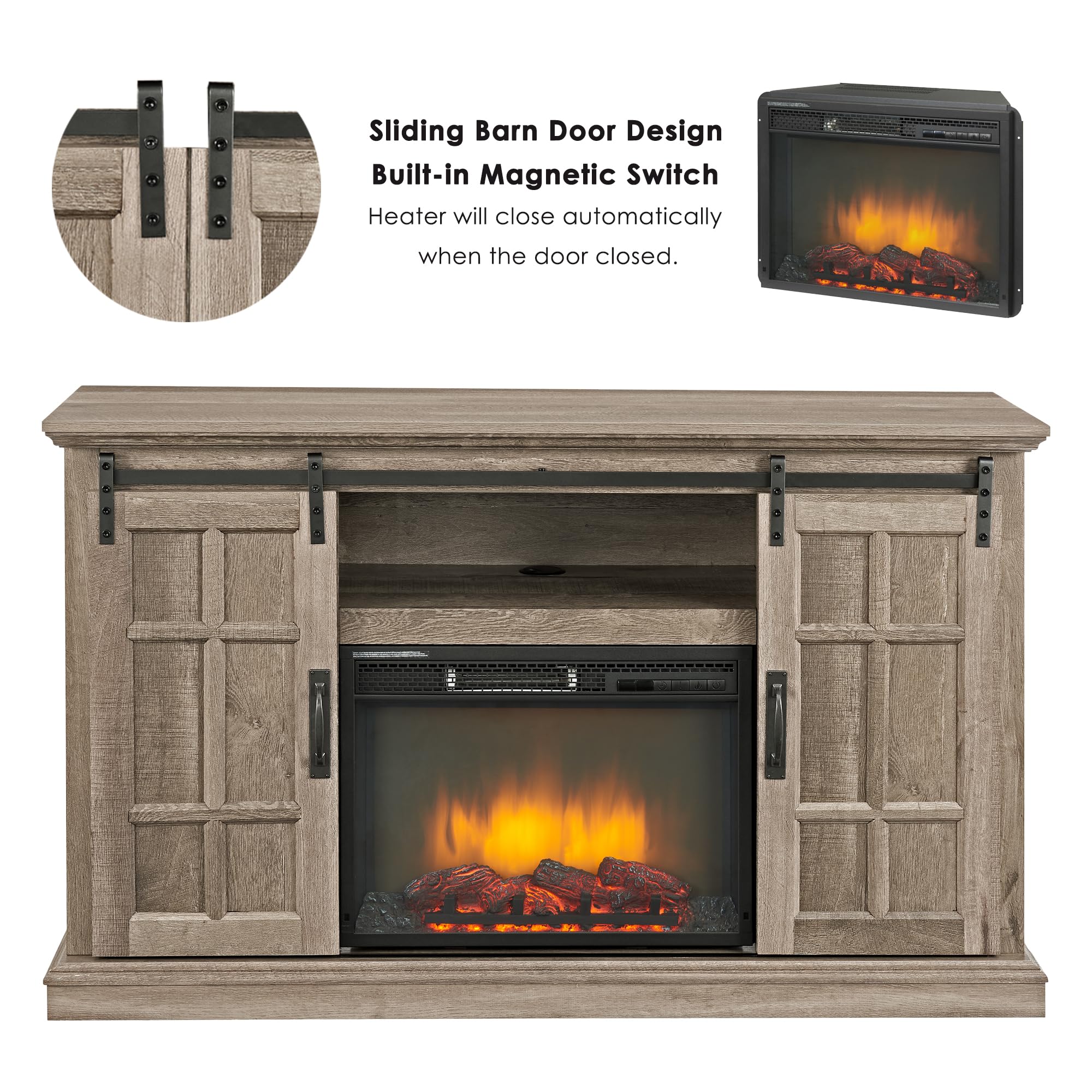 Unineo Farmhouse Fireplace TV Stand up to 65 Inch, Modern Entertainment Center Media Console with 24’’ Fireplace, Sliding Barn Door with Storage Cabinets, Adjustable Flame Effects, Remote Control, Oak