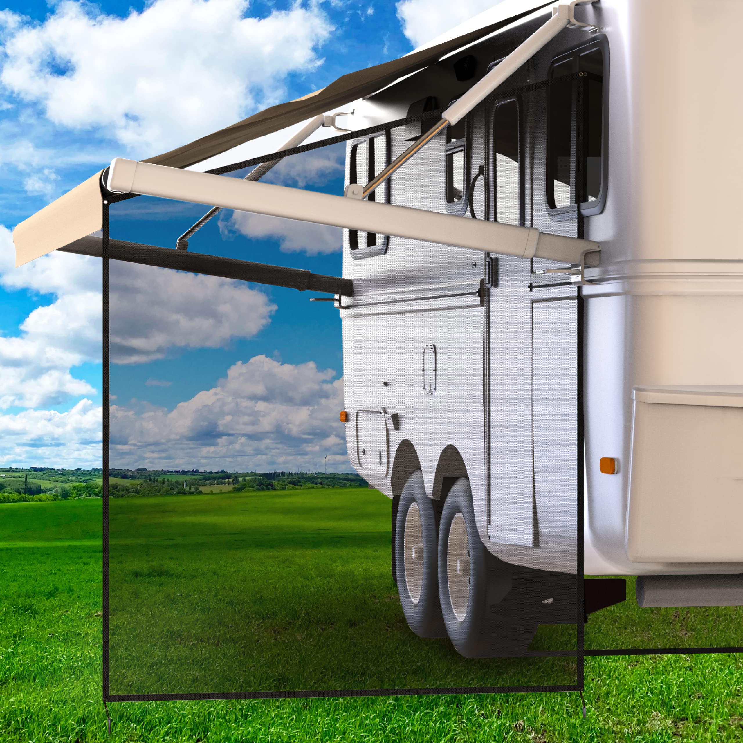 RV Sunscreen Shade for Awning V2.0 | 8’x15’3” | Front RV Screen Awning + Metal Anchor Kit | RV Awning Sun Blocker | Zippered RV Awning Shade Screen | Wind Protection, Shade & Privacy!