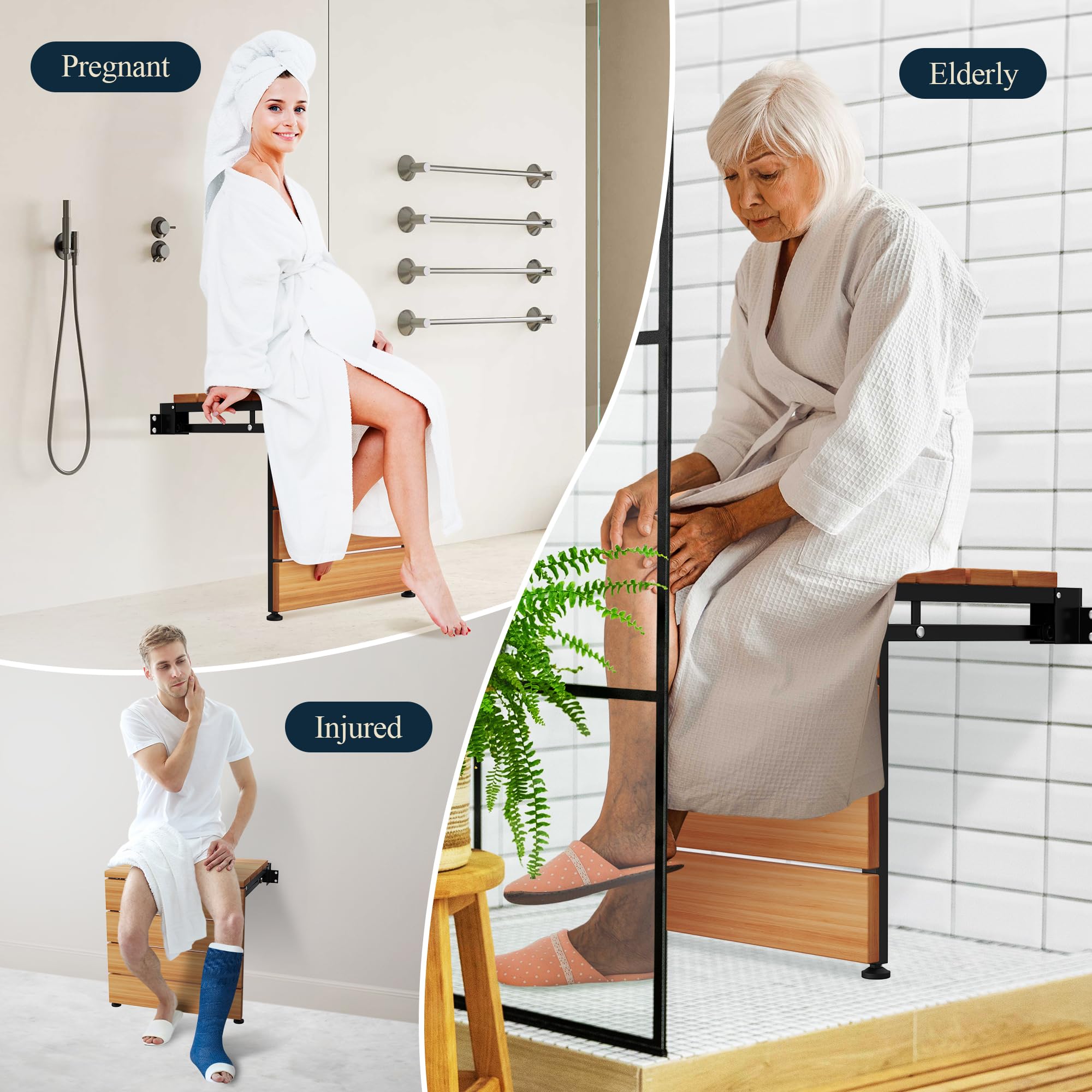 Unique America Folding Shower Seat Wall Mounted, Teak Folding Shower Bench, Fold Down Shower Seat & Foldable Shower Seat, Foldable Shower Bench, Fold Up Shower Chair, Folding Teak Shower Seat 16"