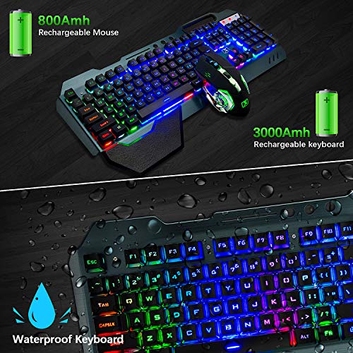Wireless Gaming Keyboard Mouse & Mouse Pad Combo,3 in 1 Rainbow Backlit Rechargeable Keyboard with 3800mAh Battery Metal Panel Removable Hand Rest,RGB Gaming Mouse Pad(32.5x12 inch),Mute Gaming Mice
