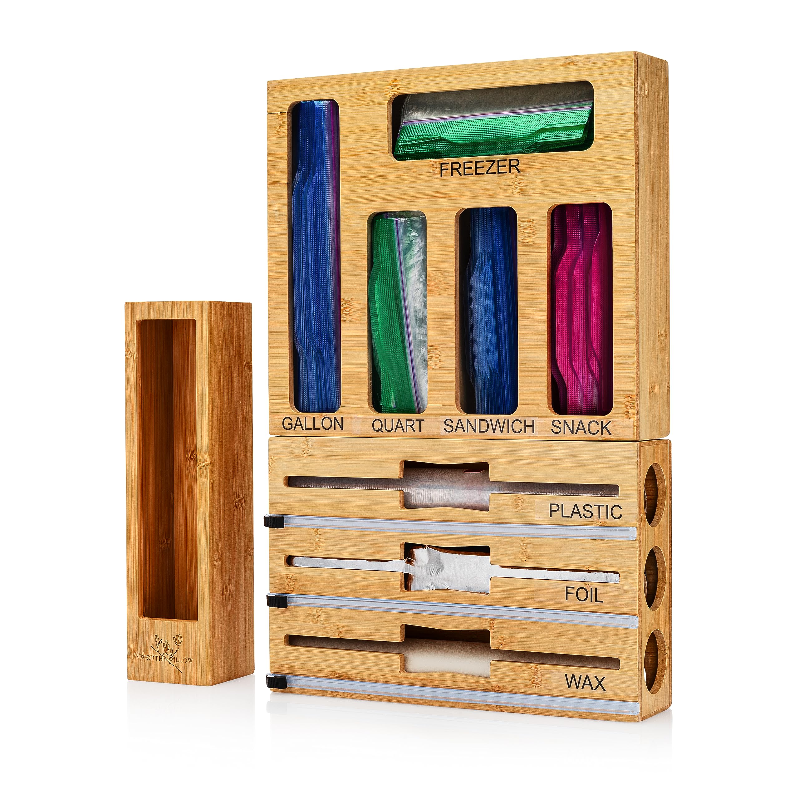 Worthy Willow Bamboo 9 in 1 Ziplock Bag, Aluminum Foil, and Plastic Wrap Organizer [IMPROVED DESIGN!]