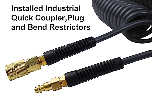 YOTOO Polyurethane Recoil Air Hose 3/8" Inner Diameter by 10' Long with Bend Restrictor, Repairable 1/4" Industrial Quick Coupler and Plug, Gray