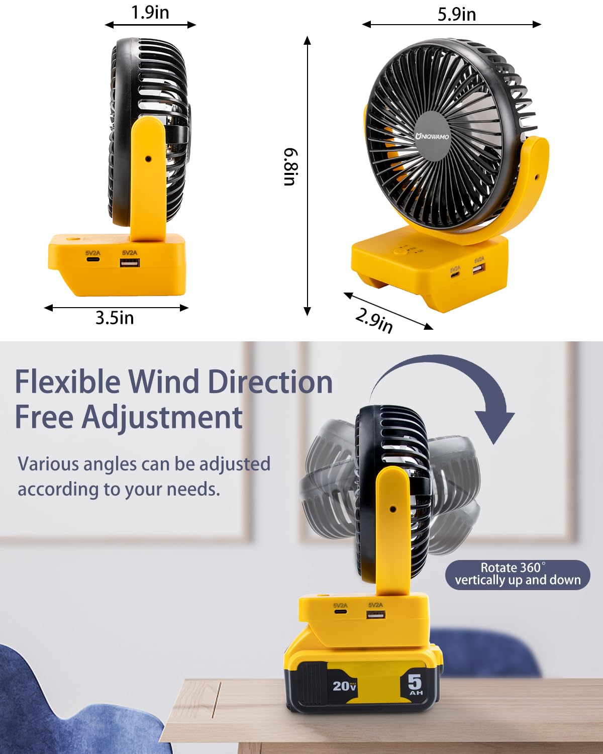 Uniqwamo Jobsite Battery Operated Fan For Dewalt 20V/60V Max DCB204 DCB205 DCB206 DCB203 DCB201 DCB207 DCB180 DCB181 Lithium-Ion Battery, Cordless Fan For Dewalt With 3 Speeds Control,USB +Type C