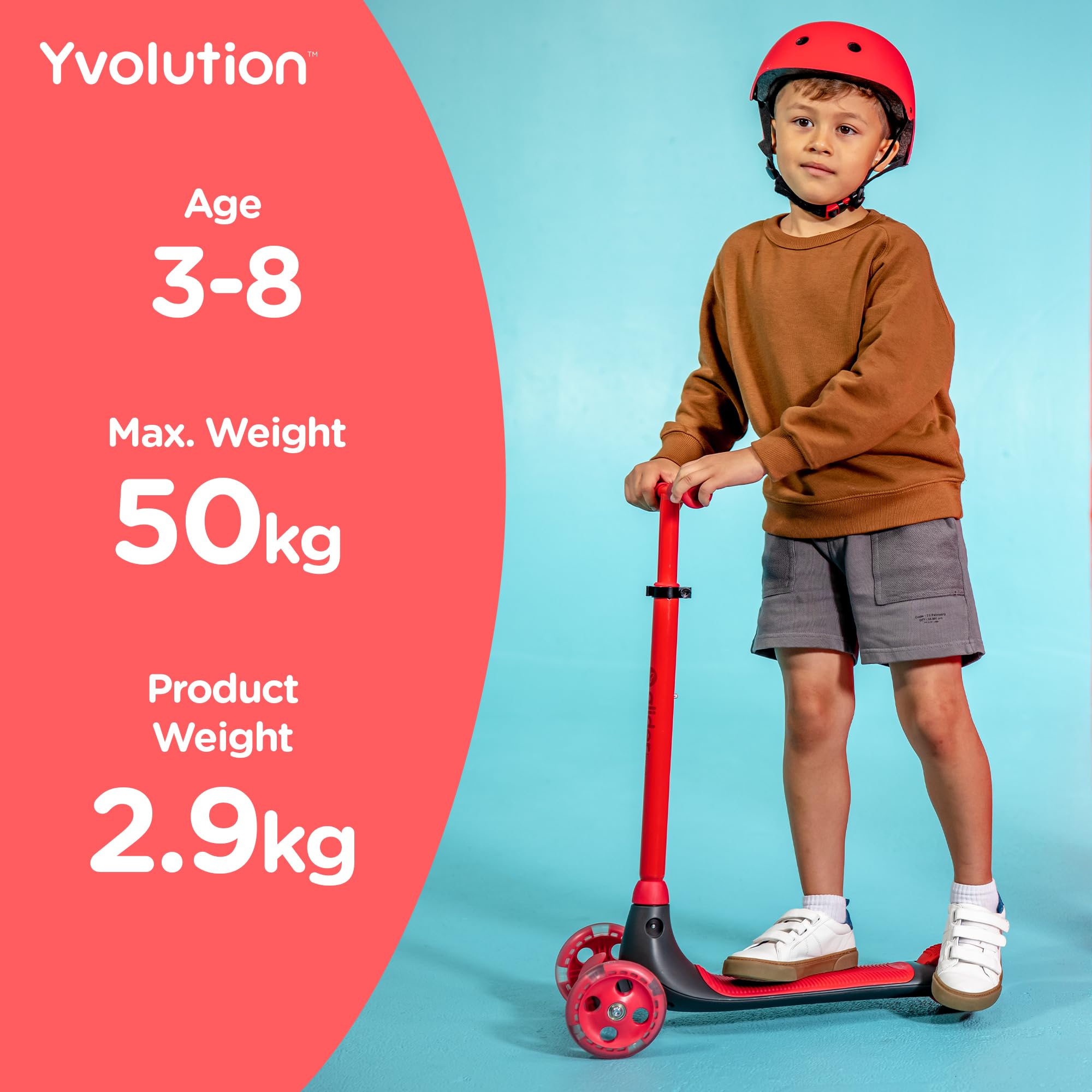 Yvolution Y Glider Kiwi | Three Wheel Kick Scooter for Kids with LED Wheels for Children Age 3+ Years Old(Red 2)