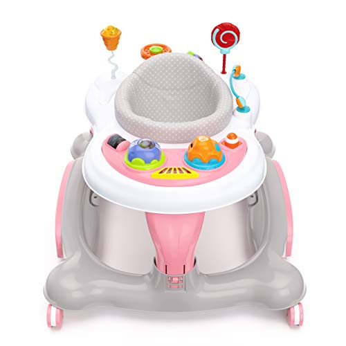 Storkcraft 3-in-1 Activity Walker and Rocker with Jumping Board and Feeding Tray, Interactive Walker for Toddlers and Infants, Pink