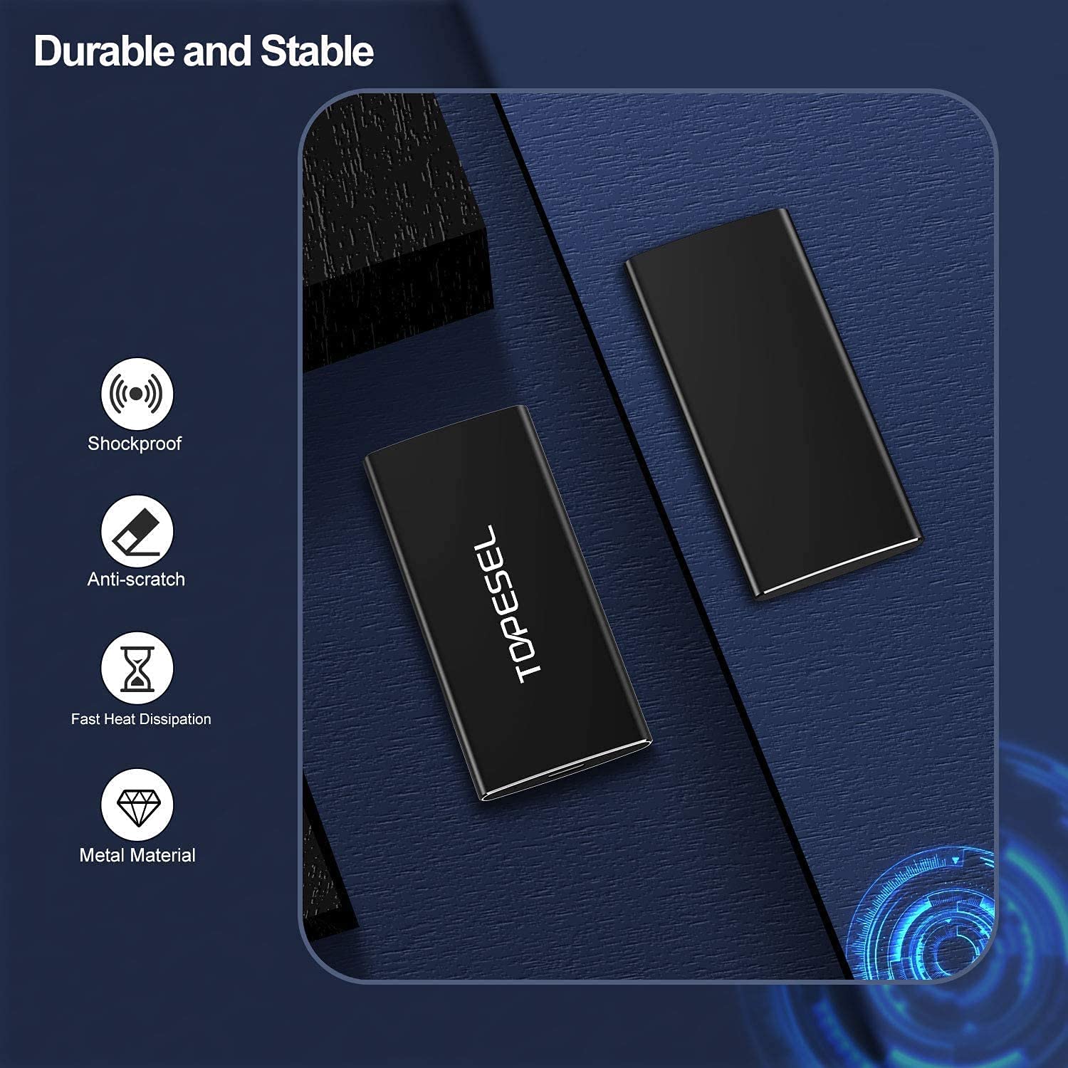 TOPESEL Portable SSD, 250GB High Speed Read up to 500MB/s, External Solid State Drive for PC, Desktop, Laptop, MacBook, Black