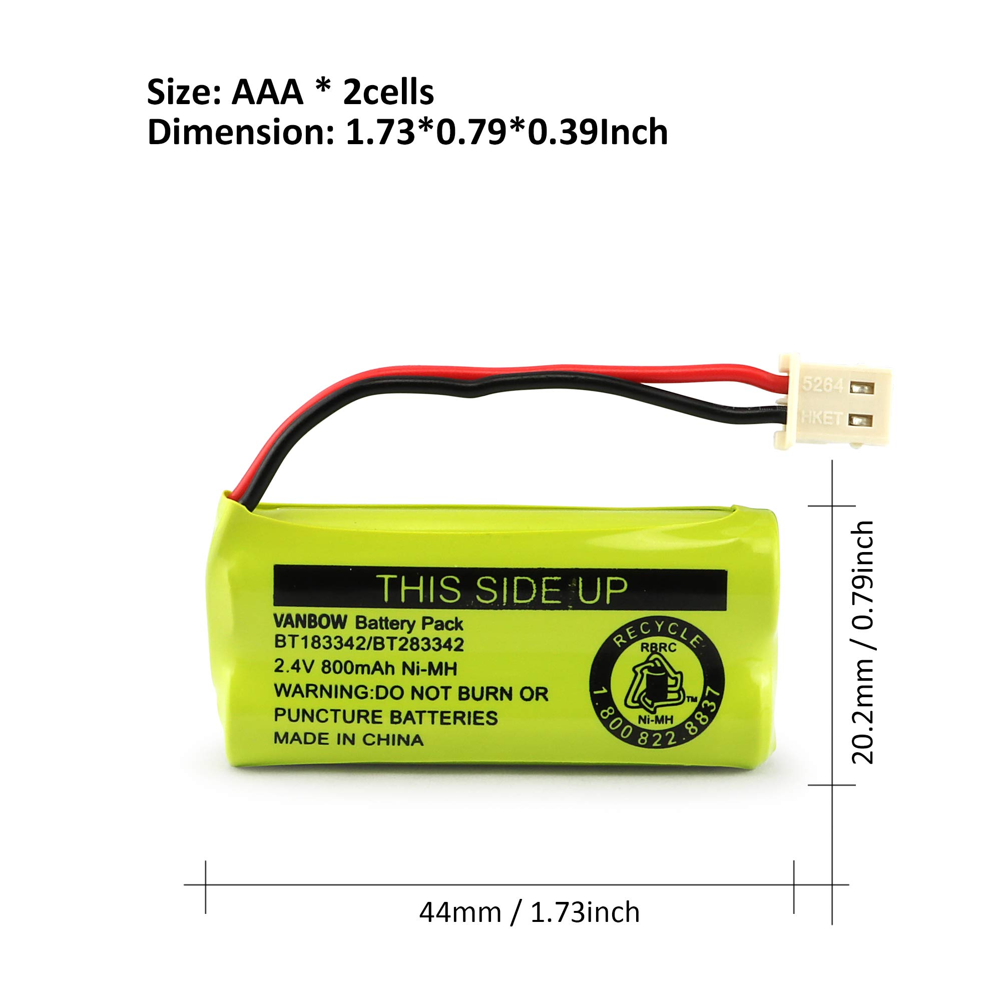 VANBOW BT183342/BT283342 2.4V 800mAh Ni-MH Battery Pack, Compatible with AT&T VTech Cordless Phone Batteries BT166342/BT266342 BT162342/BT262342 CS6709 CS6609 CS6509 CS6409 EL52100 EL50003 (Pack 2)