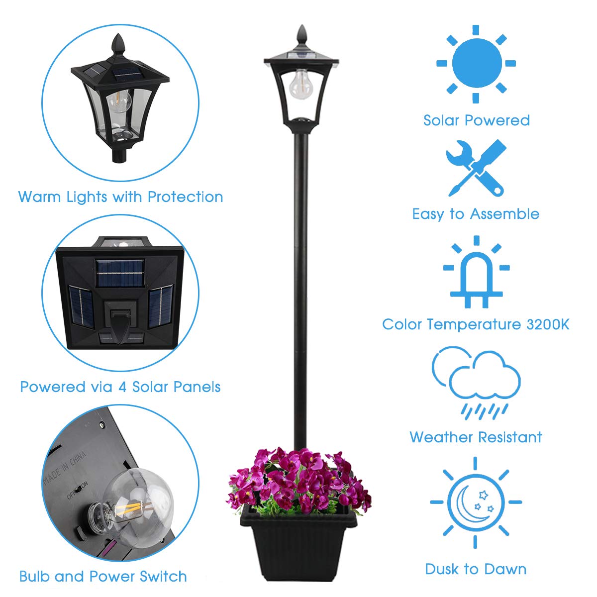 Timechee 71.5 Inch Solar Lamp Post Light with Planter, Upgrade Outdoor Waterproof Solar Post Lights, Solar Powered Garden Street Lights for Lawn, Pathway, Backyard, Patio, Driveway (71.5 Inch)