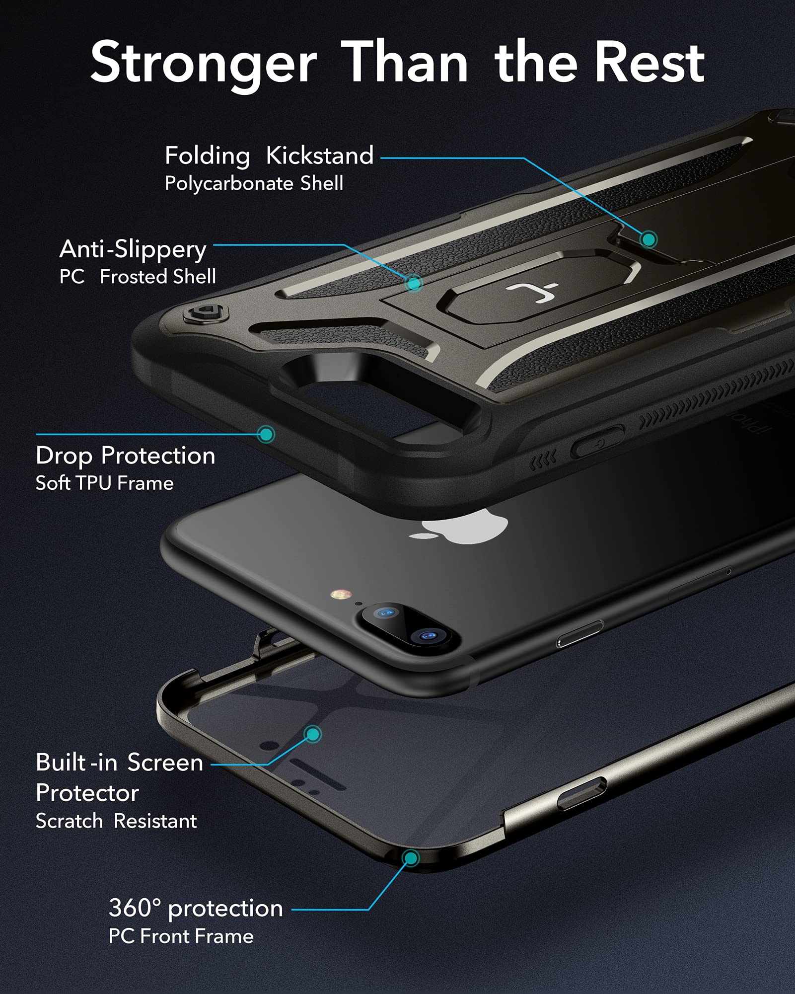 YOUMAKER iPhone 8 Plus Case, iPhone 7 Plus Case, Built-in Screen Protector Kickstand Full Body Heavy Duty Shockproof Cover for iPhone 8 Plus & iPhone 7 Plus 5.5 inch - Gun