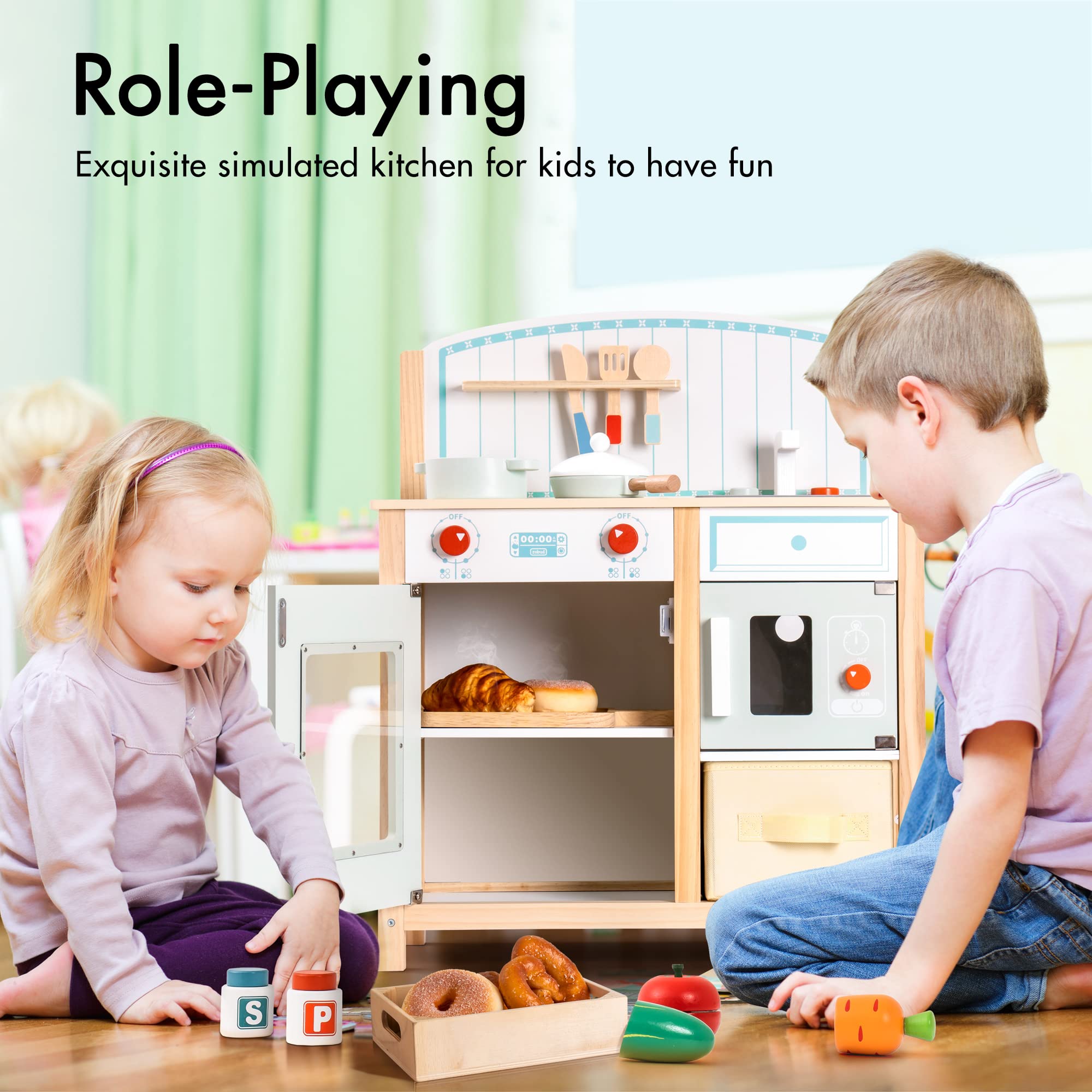 ROBOTIME Wooden Kitchen Playset for Toddlers Girls Kids Play Kitchen with Storage Bin,Pretend Play Toy Kitchen for Kids Ages 3+(Blue)