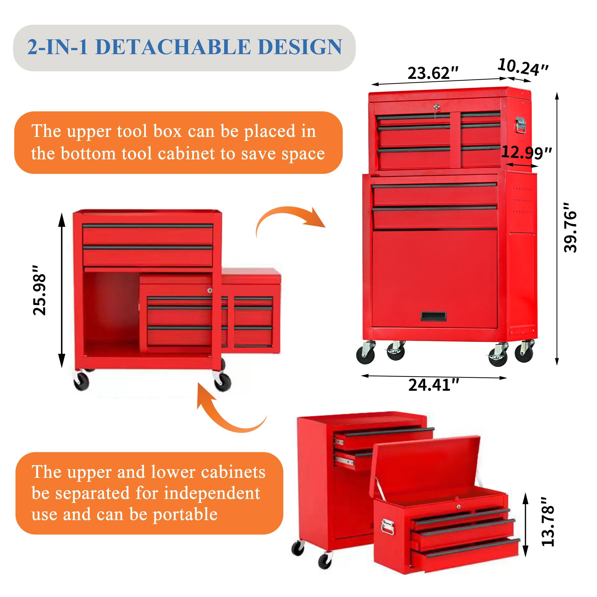 TOPKEY Rolling Tool Chest Cabinet High Capacity Tool Cart Tool Box with Wheels & Locking System, 5-Drawers Toolbox Organizer Detachable Tool Storage Cabinet for Garage, Repair Shop, Workshop