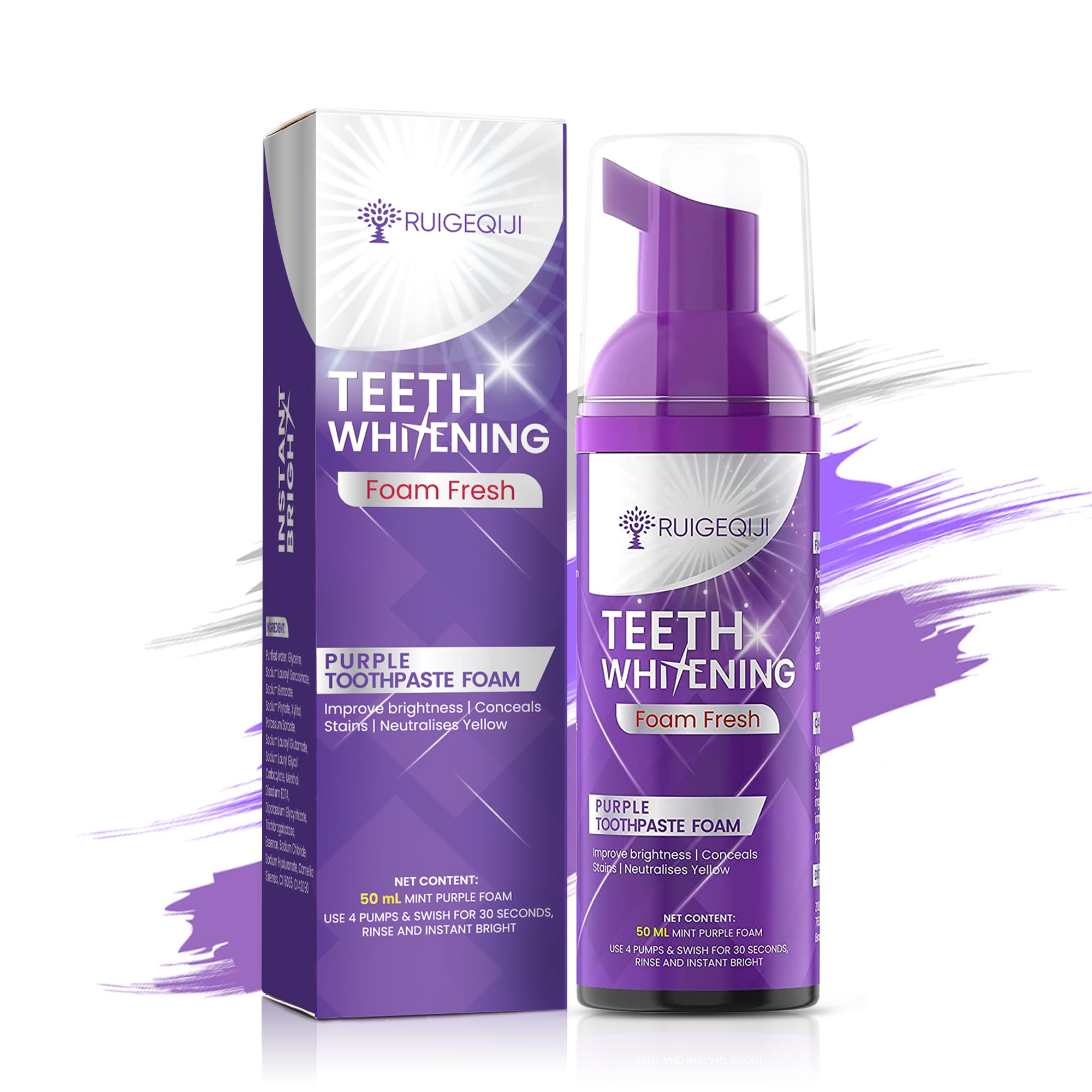 RUIGEQIJI Purple Toothpaste for Teeth Whitening Foam, Mint Flavor, 50 ML