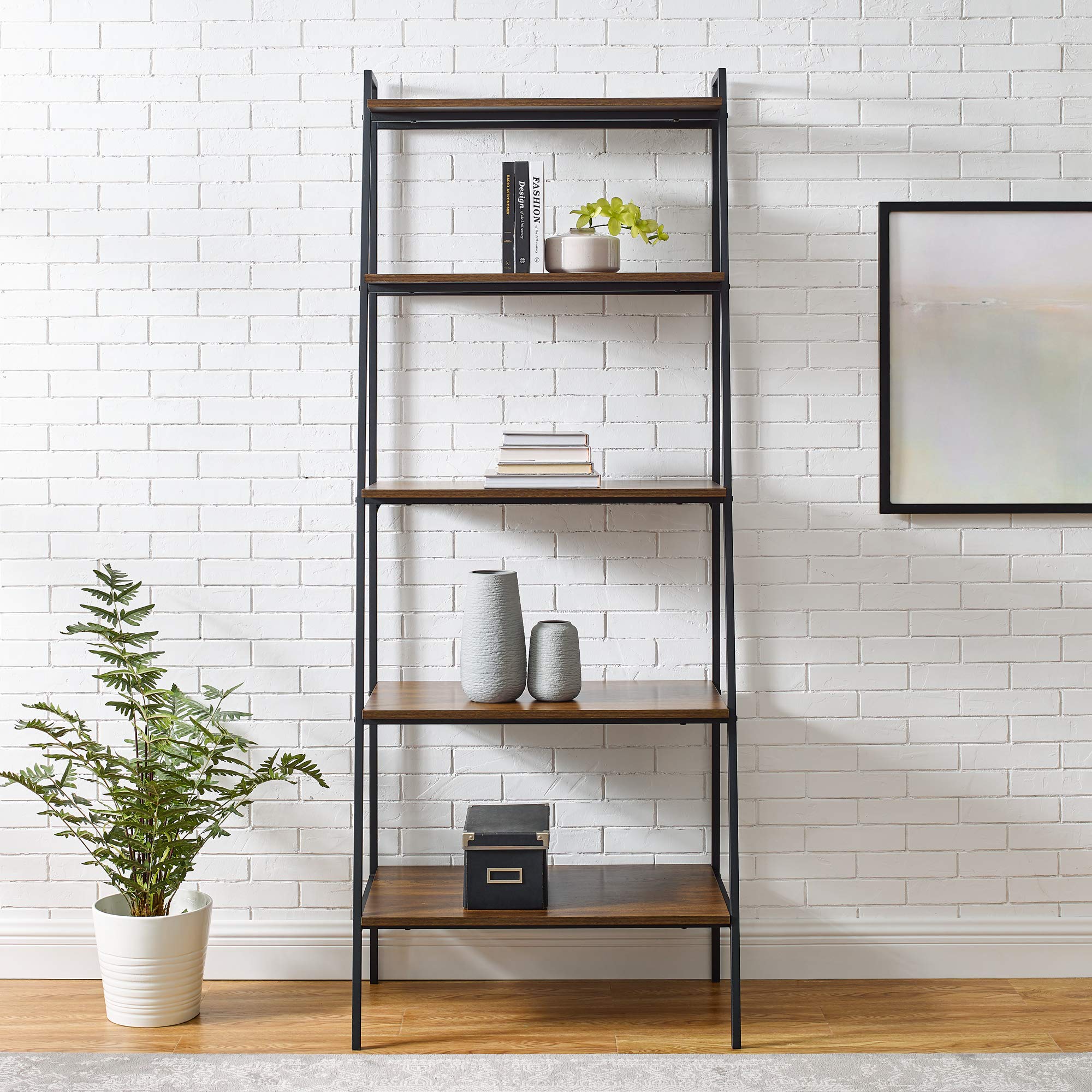 Walker Edison Industrial Metal and Wood Ladder Bookcase Tall Bookshelf Storage Home Office Storage Cabinet, 72 Inch, Dark Walnut