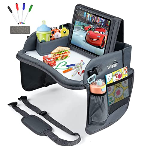 WITRIP Kids Travel Tray with Dry Erase Board, Travel Tray for Kids Car Seat, Carseat Table Trays for Toddler, Kid Activity Desk for Air Travel, No-Drop Tablet Holder & Borders (All Grey)