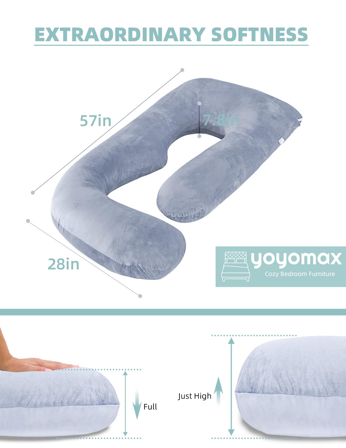 yoyomax U-Shaped Pregnancy Pillows, Memory Foam Pregnancy Pillow Full Body Maternity Pillow with Removable Cover,57 Inch , Pregnancy Pillows for Sleeping-Lakeblue