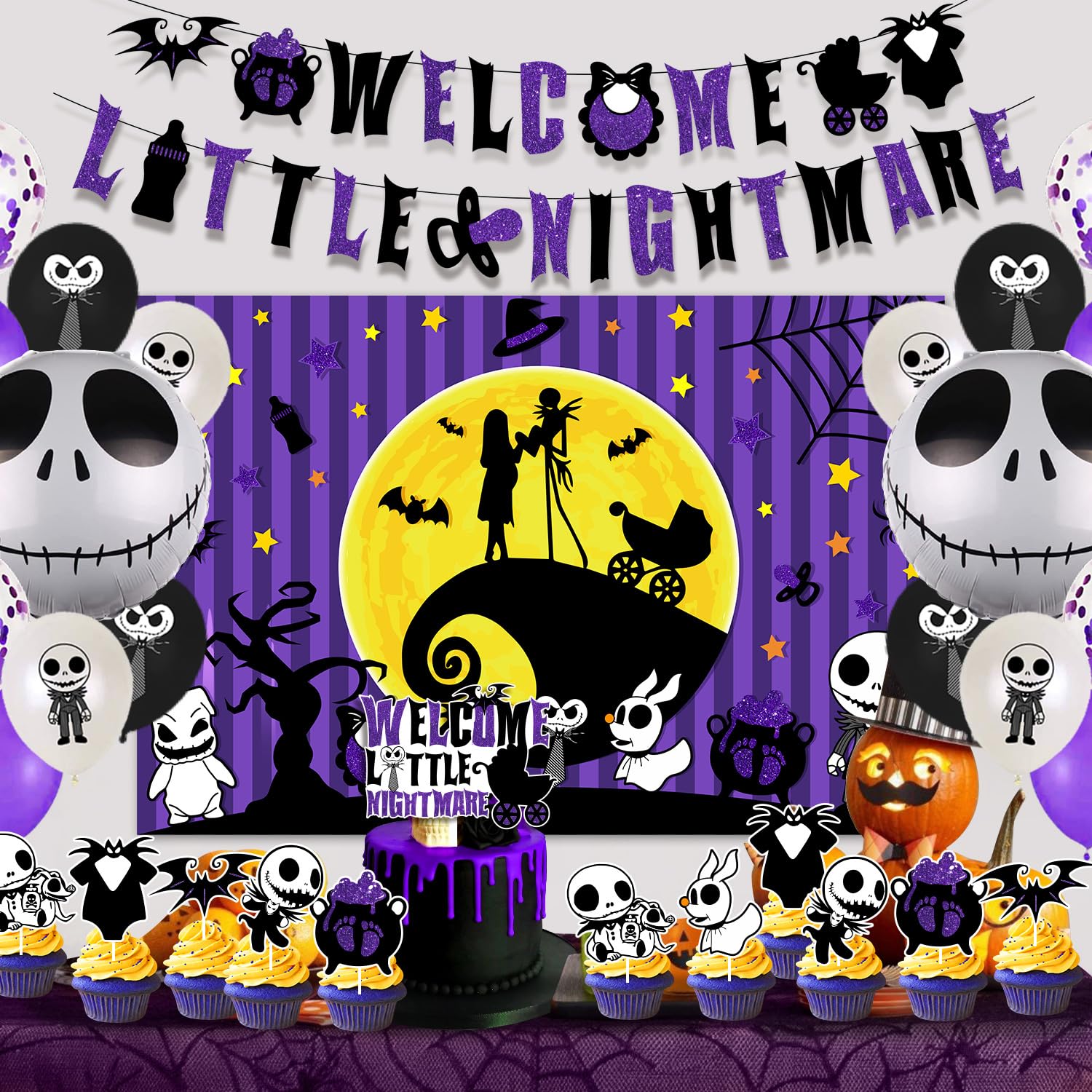 Welcome Little Nightmare Baby Shower Halloween Decorations,Nightmare Before Birthday Party Decorations Includes Banner,Backdrop,Balloons,Nightmare Cake Topper and Cupcake Toppers