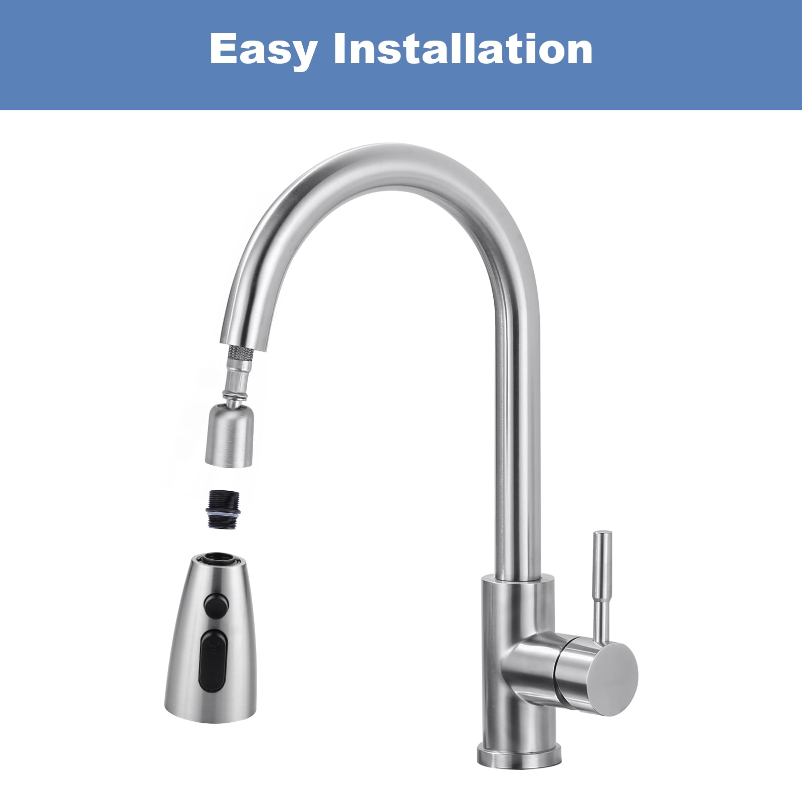 WOWOW Kitchen Faucet Head Replacement Brushed Nickel, 3 Function Pull Out Spray Nozzle with 9 Adapters for Kitchen Sink Faucet,American Standard for Moen Kohler Delta Faucets G1/2 Male Connector