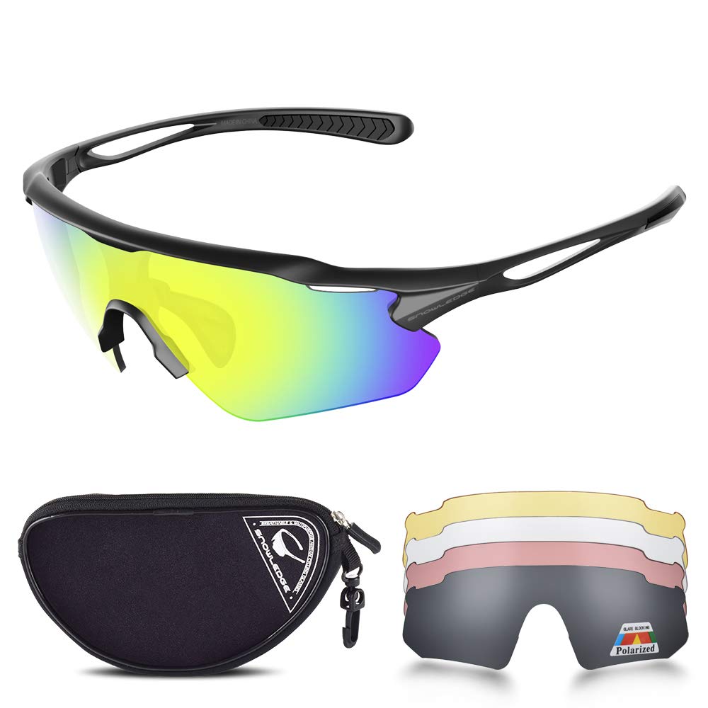 Snowledge Cycling Glasses with 5 Interchangeable Lenses, Mens Womens Polarized Sports Sunglasses, Running Baseball Cricket Sunglasses