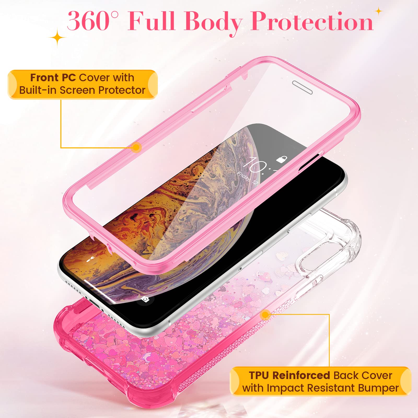 Ruky for iPhone X Case, iPhone Xs Case, Full Body Rugged Glitter Liquid Case with Built-in Screen Protector Shockproof Protective Women Phone Case for iPhone X iPhone Xs 5.8 inches (Gradient Pink)
