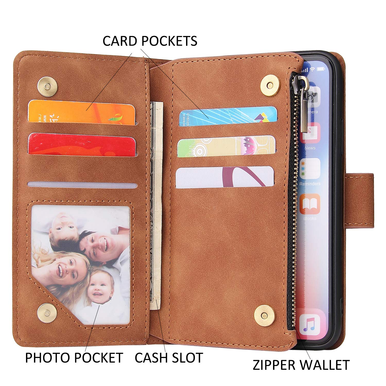 UEEBAI Wallet Case for iPhone XR, Premium Vintage PU Leather Magnetic Closure Handbag Zipper Pocket Cover Kickstand Card Holder Slots with Wrist Strap TPU Shockproof Flip Case for iPhone XR - Brown