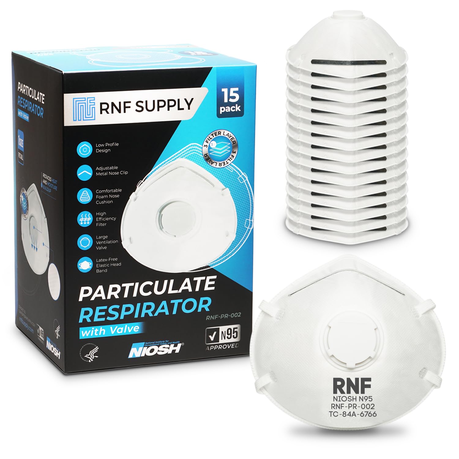 RNF Supply N95 Particulate Respirator - Disposable Dust Mask with Valve (15 Pack) - 3 Wildfire Smoke Protection Layers Filter 95% of Smog, Fiberglass, Coal, Dander, Pollen