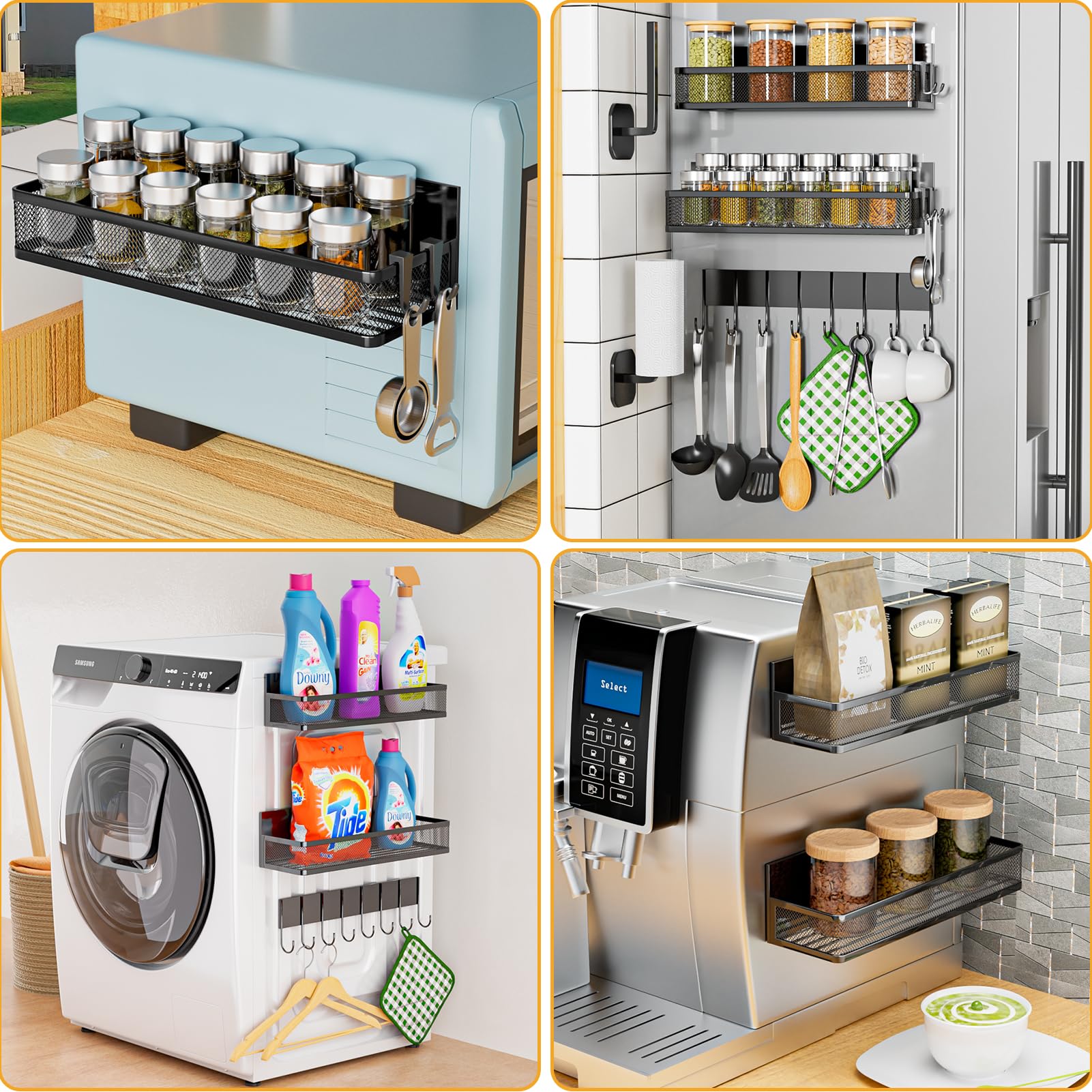 YUANYE Spice Rack for Refrigerator, 9PCS Magnetic Storage Rack with 3 Strong Holders, 13lbs Capacity, Modern Black Design, Incl 2 Paper Towel Holders, 4 Removable Hooks