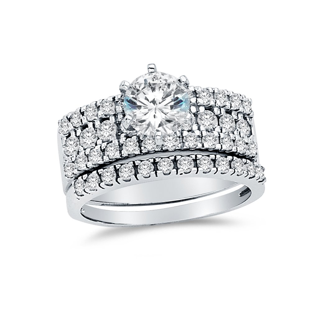 Sonia Jewels Size - 9-14k White Gold Round Wide 3 Row Pave Set Bridal Engagement Ring & Wedding Band CZ Cubic Zirconia (2.50cttw., 1.0ct. Center)