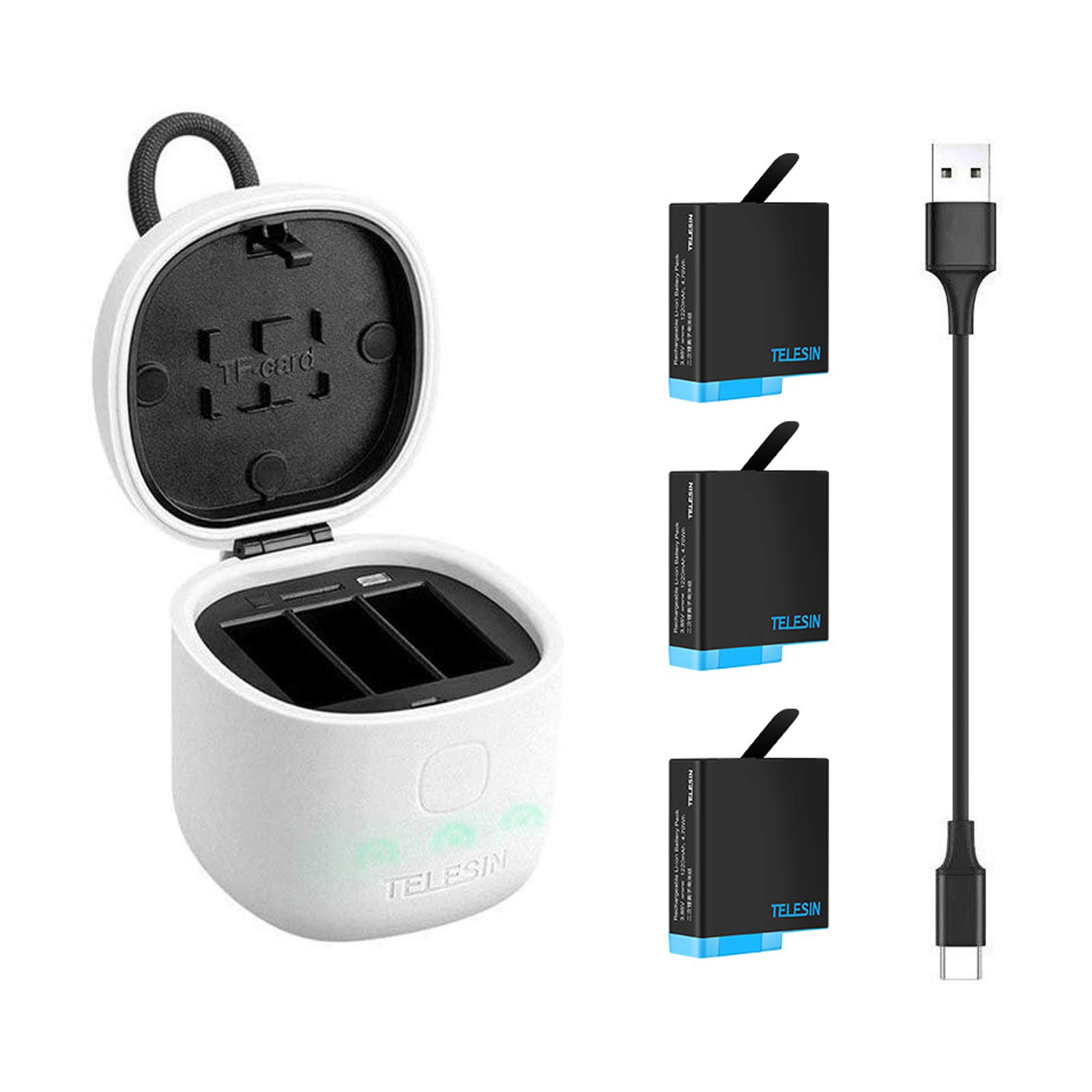TELESIN 3-Pack Batteries and 3-Channels USB Charger for GoPro Hero 8 Hero 7 Black Hero (2018) Hero 6 Hero 5 Black, Allin Box Charger with High Speed USB 3.0 SD Card Reader Function Go Pro Accessories