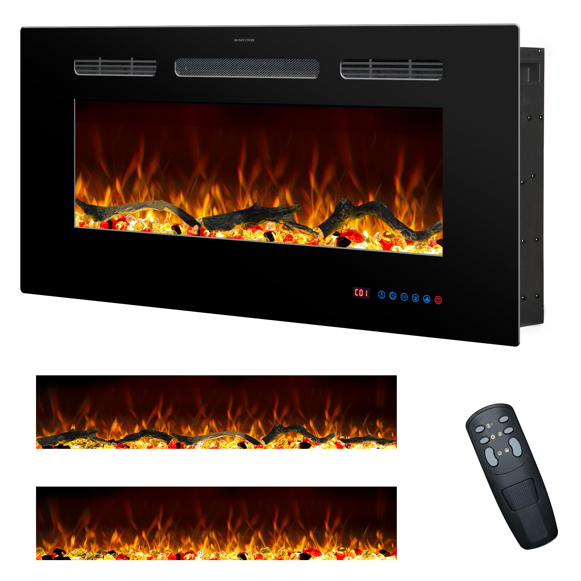 Rodalflame 48 Inches Electric Fireplace Inserts, Recessed and Wall Mounted Fireplace Heater for Indoor Use with Remote Control, 13 Color Flames with Log &Crystal, 9H Timer, 750/1500W