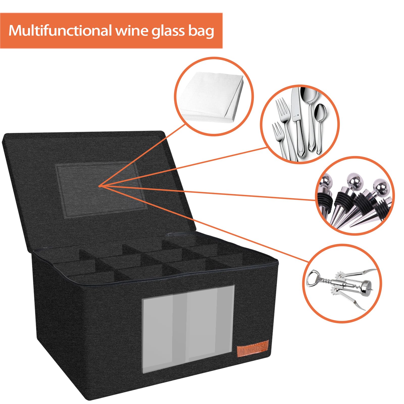 WRDSL Wine Glass Storage, Wine Glass Storage Box with Dividers, Stackable Stemware Storage Cases for 12 Crystal Glassware, Moving Supplies, Household Essentials (BLACK)