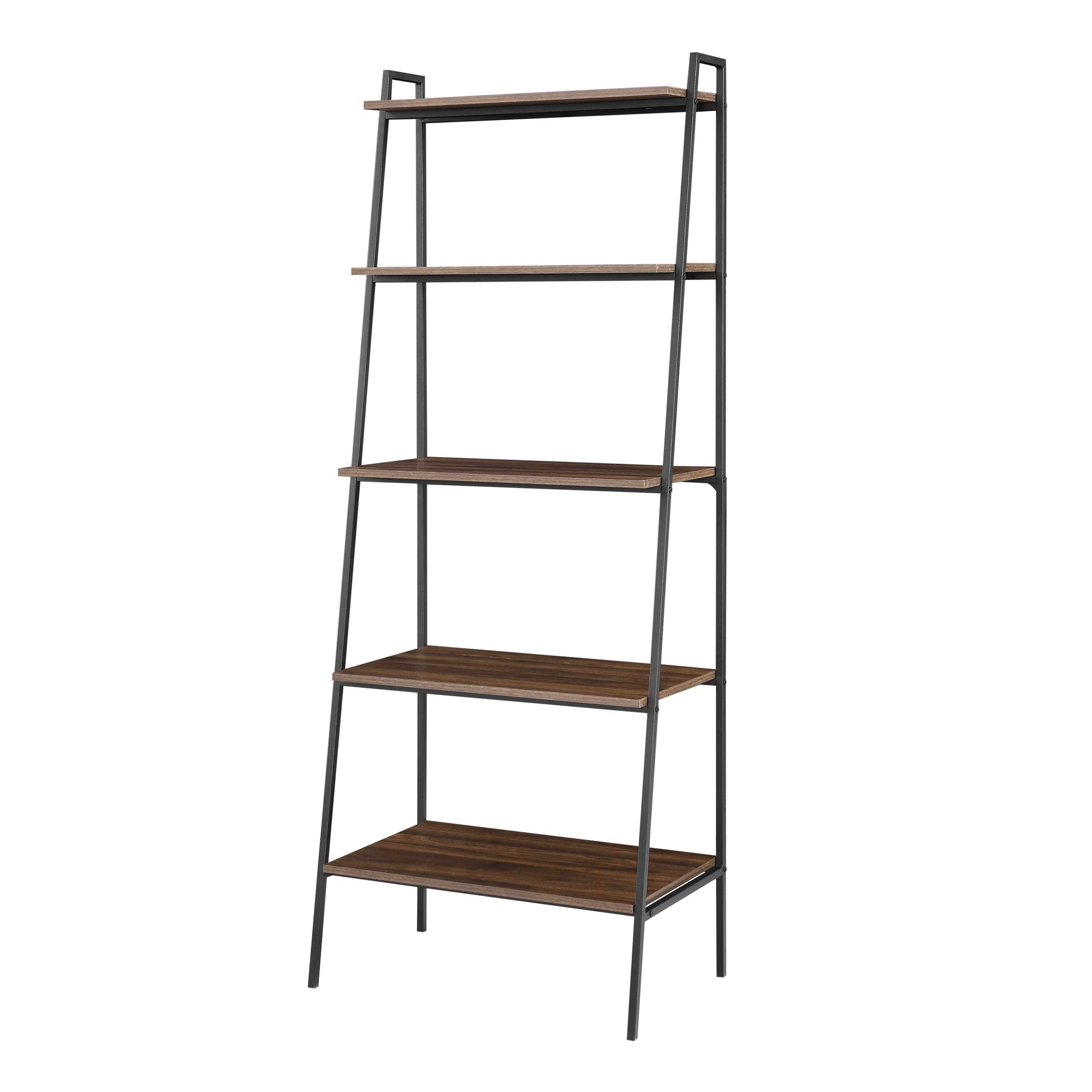 Walker Edison Industrial Metal and Wood Ladder Bookcase Tall Bookshelf Storage Home Office Storage Cabinet, 72 Inch, Dark Walnut