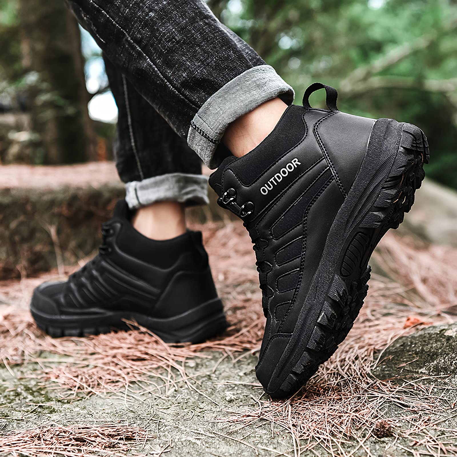 YOJANEO Men's Hiking Boots Non Slip Outdoor Lightweight Breathable Mid Top Ankle Boots Hike Trekking Trails Camping Work Shoes(Black,9)