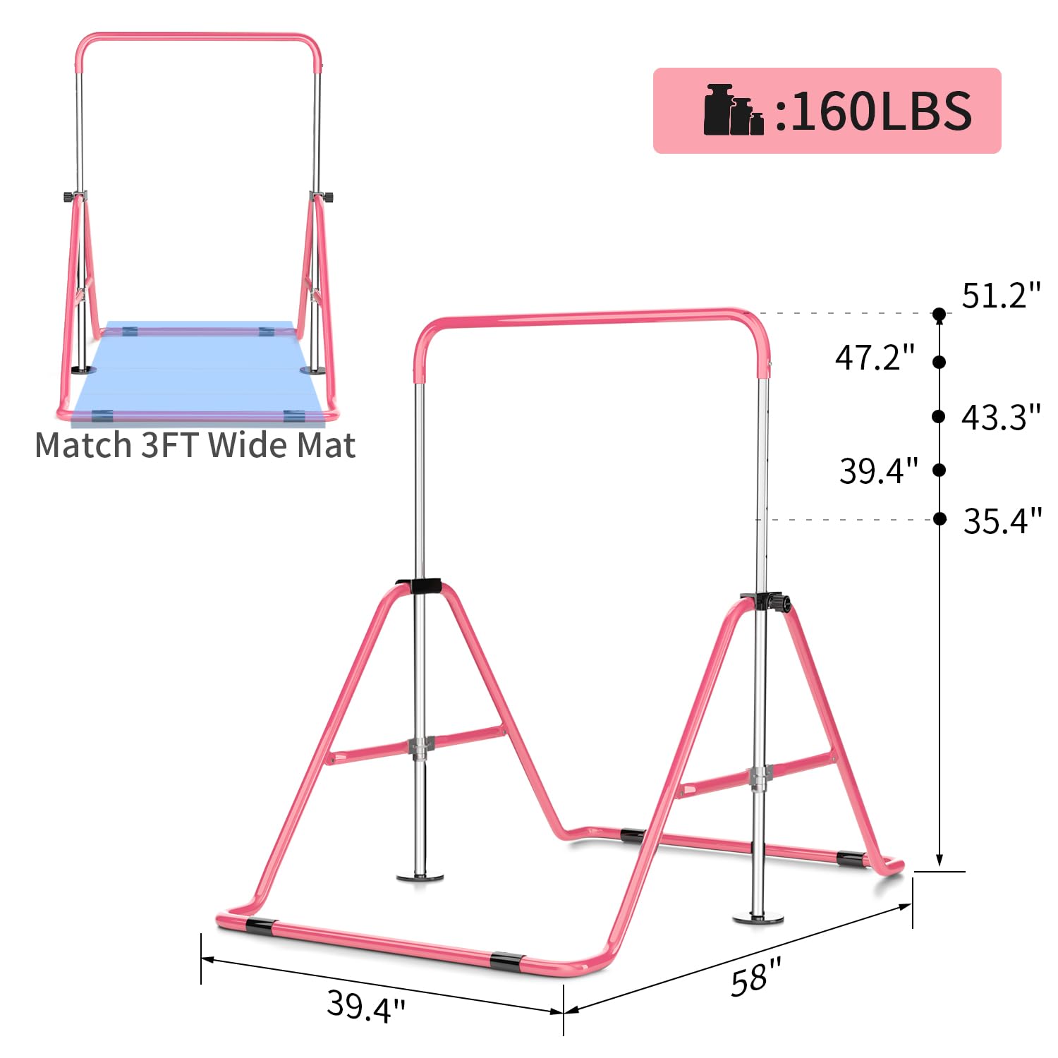 ZENOVA Gymnastics Bar Junior Gymnastics Equipment Horizontal Bar Height Adjustable, Foldable Gym Bar Monkey Bar for Kids