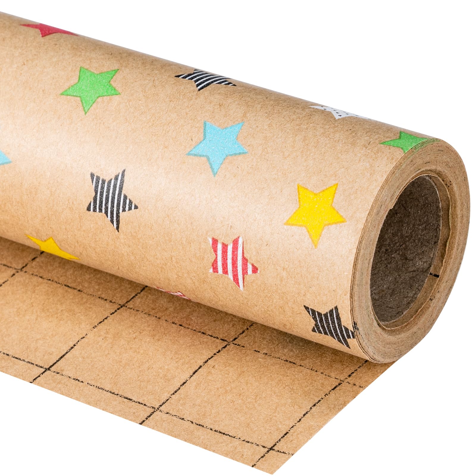RUSPEPA Kraft Wrapping Paper Roll - Mini Roll - Colorful Star Design for All Occasions - 17 Inches X 32.8 Feet