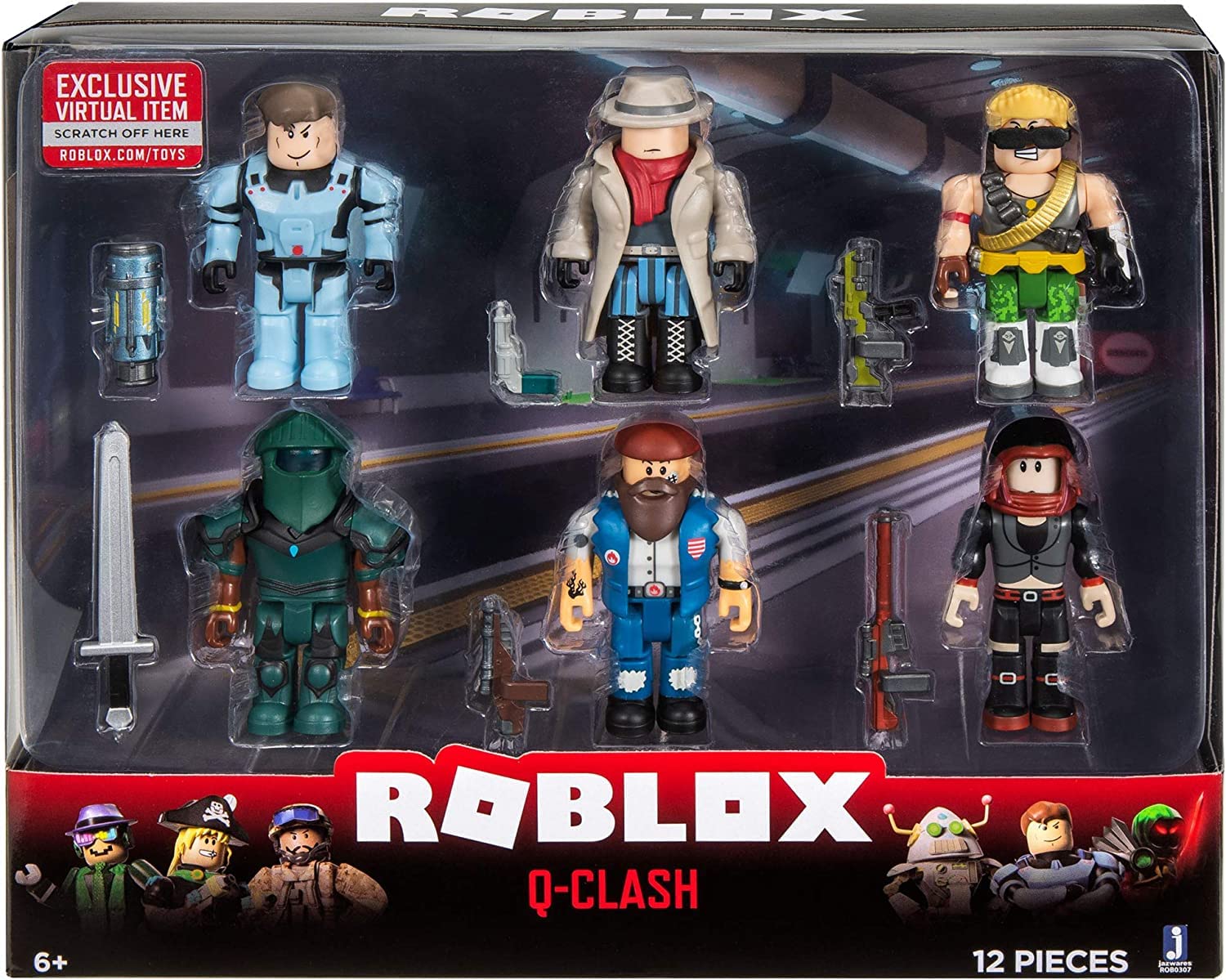 Roblox Q-Clash Action Figure Toy Set 6-pack - Playset w/Exclusive Virtual Item - includes Ghost, Decker, Cyborg, Rascal, Sir Knight & Reaper - Officially Licensed - Gift for Kids, Boys & Girls - 6+