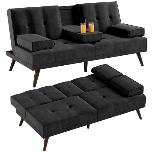 Shintenchi 60" Small Loveseat, 3 in 1 Cute Convertible Sofa Bed, Modern Futon Recliner Sleeper w/2 Cup Holder, Upholstered Folding Couch for Small Space, Black