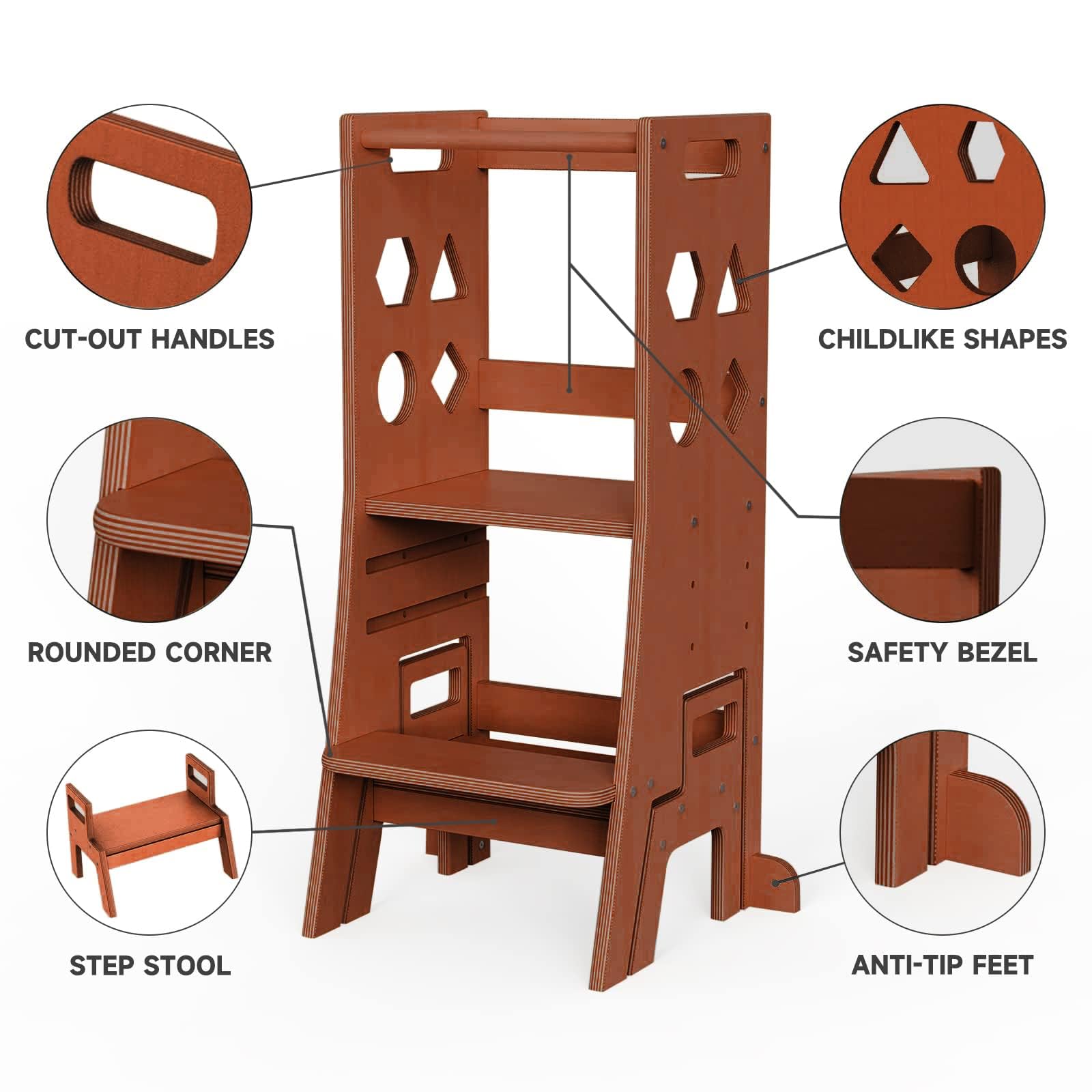 ZARKEET Toddler Standing Tower, 2 in1 Kitchen Toddler Tower Helper Stool for Toddlers 1-3. Adjustable Height Step Stool Helper, Wood Anti-Drop Safety Rail Step Stools for Bathroom & Kitchen Counter