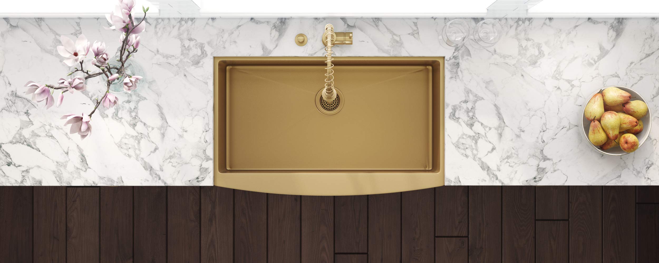 Ruvati Brass Tone 30-inch Apron-Front Matte Gold Stainless Steel Farmhouse Kitchen Sink - Single Bowl - RVH9660GG