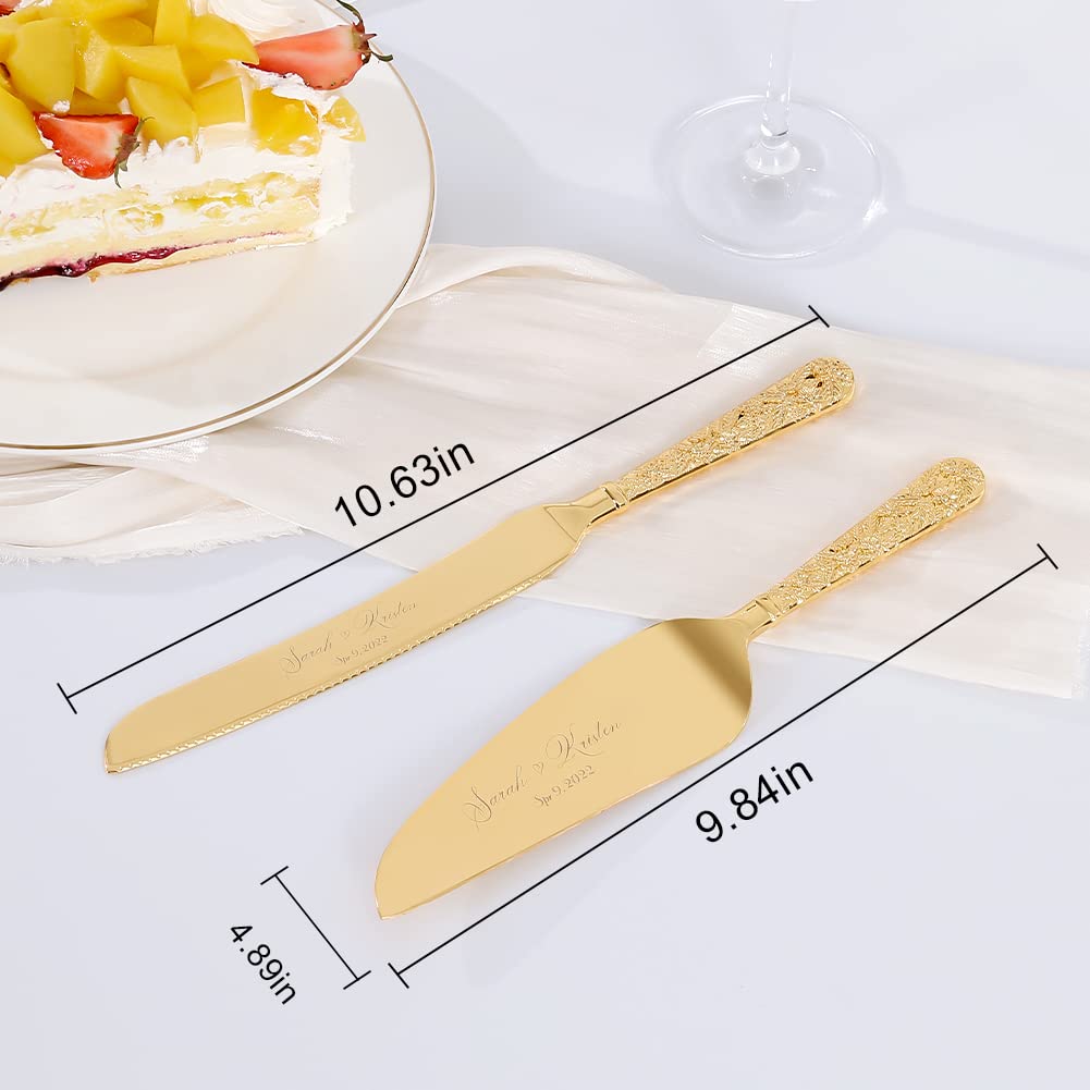 vomiceak Wedding cake knife and server set, personalized gold cake serving set, Engraved cake cutting set for wedding, Pie server pizza cutter, bridal gift(CUS-Flower)