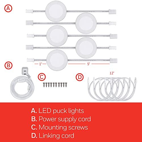 UltraPro Linkable Recessed Puck Lights, 5 Pucks, LED Puck, 150 Lumens, Warm White Light, Under Cabinet Lighting, Warm White, Kitchen, Counter, Indoor, 45745
