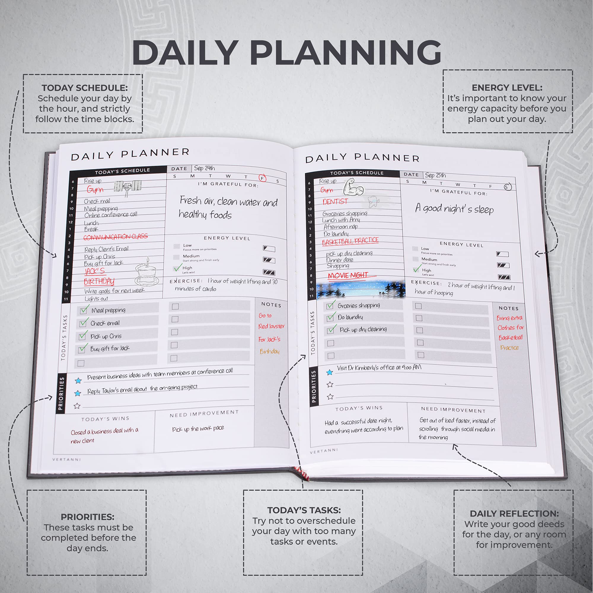 VERTANNI Daily Planner - A5 Undated Calendar Planner for 6 Months - Increase Productivity and Time Management - Organizer Notebook for Personal or Career Objectives - Boost Performance and Focus