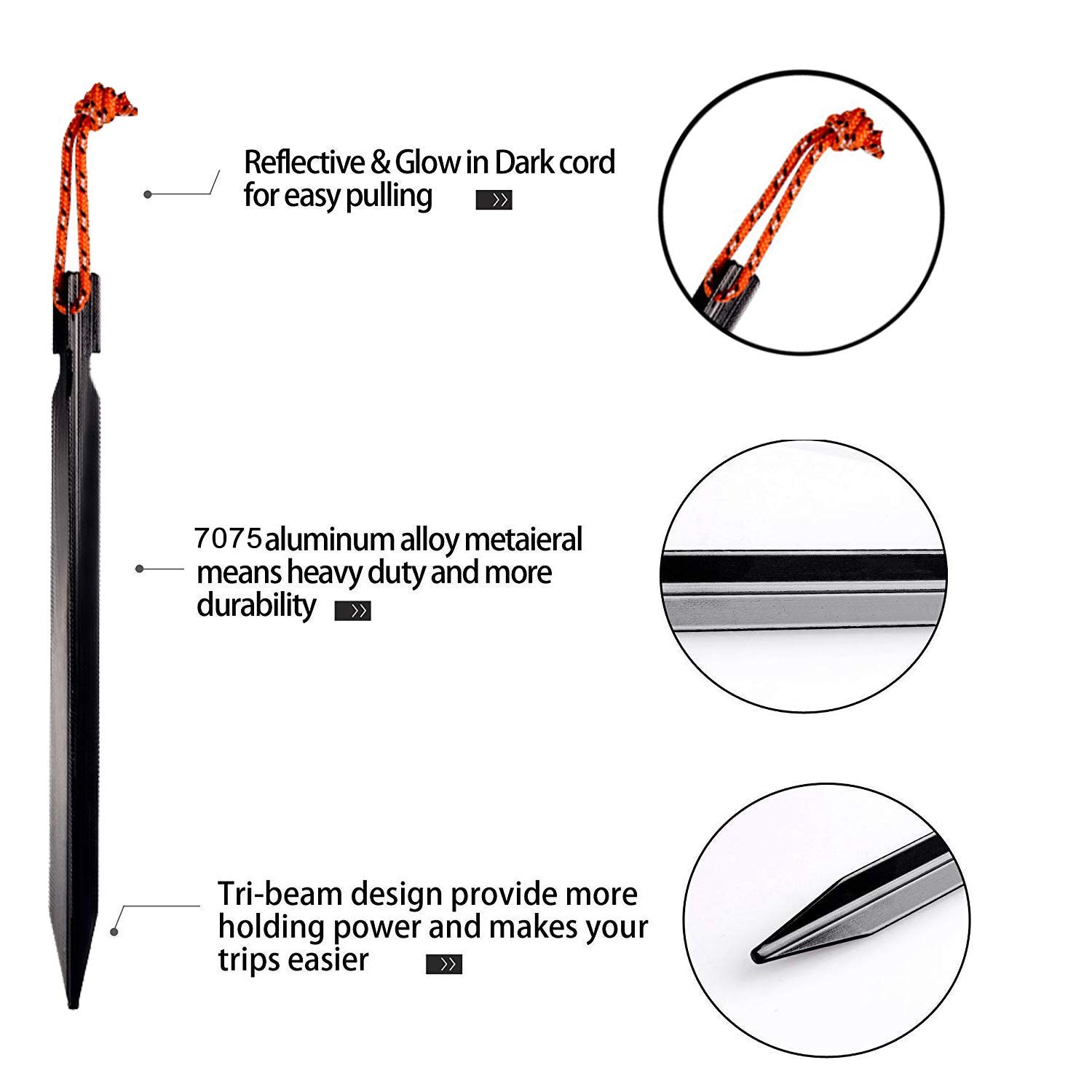 Tent Stakes,7075Aluminium Tent nail lightweight with Reflective Rope 12-Piece