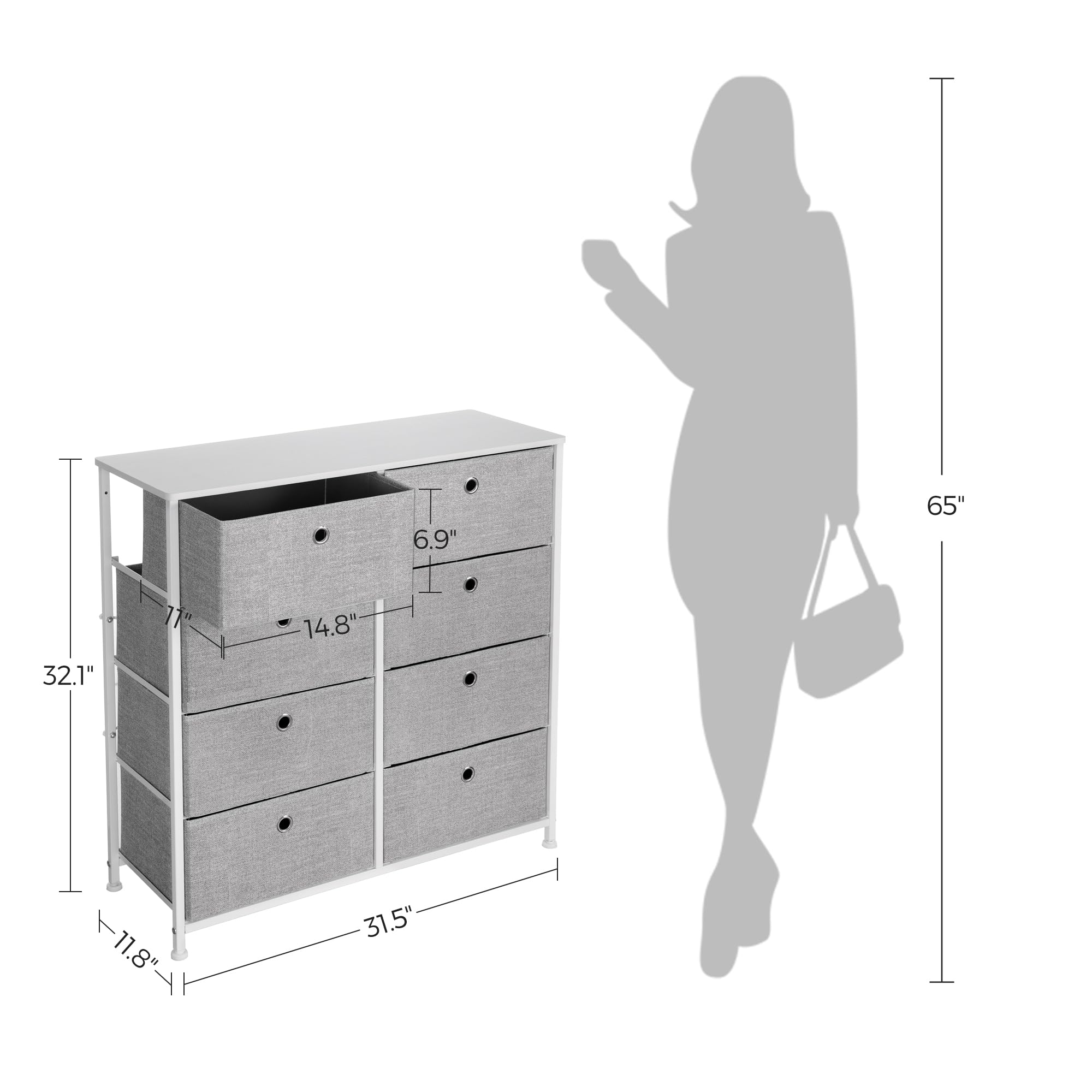 SONGMICS 4-Tier Storage Dresser with 8 Easy Pull Fabric Drawers and Wooden Tabletop for Closets, Nursery, Dorm Room, Light Gray and White ULTS24W