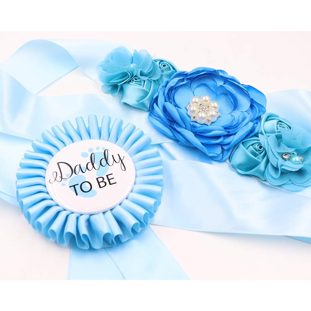 Sky Blue Maternity Sash & Daddy to be Corsage Set - Baby Shower Sash Baby Boy Pregnancy Sash Keepsake Baby Shower Flower Belly Belt