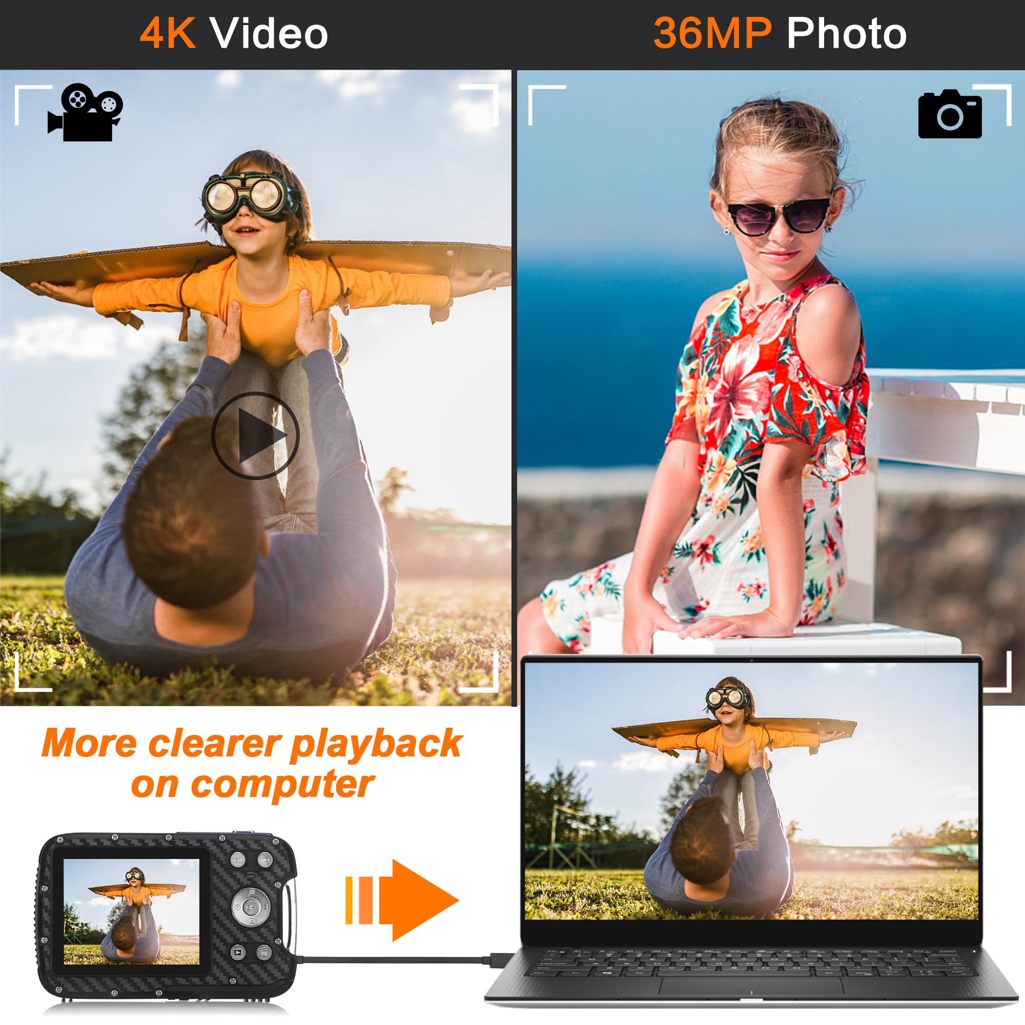 Waterproof Digital Camera, FHD 2.7K Compact Digital Camera for Kids Support 4K 48MP Digital Camera with 32GB Card Point and Shoot Camera Portable Camera for Teens Students Boys Girls Seniors