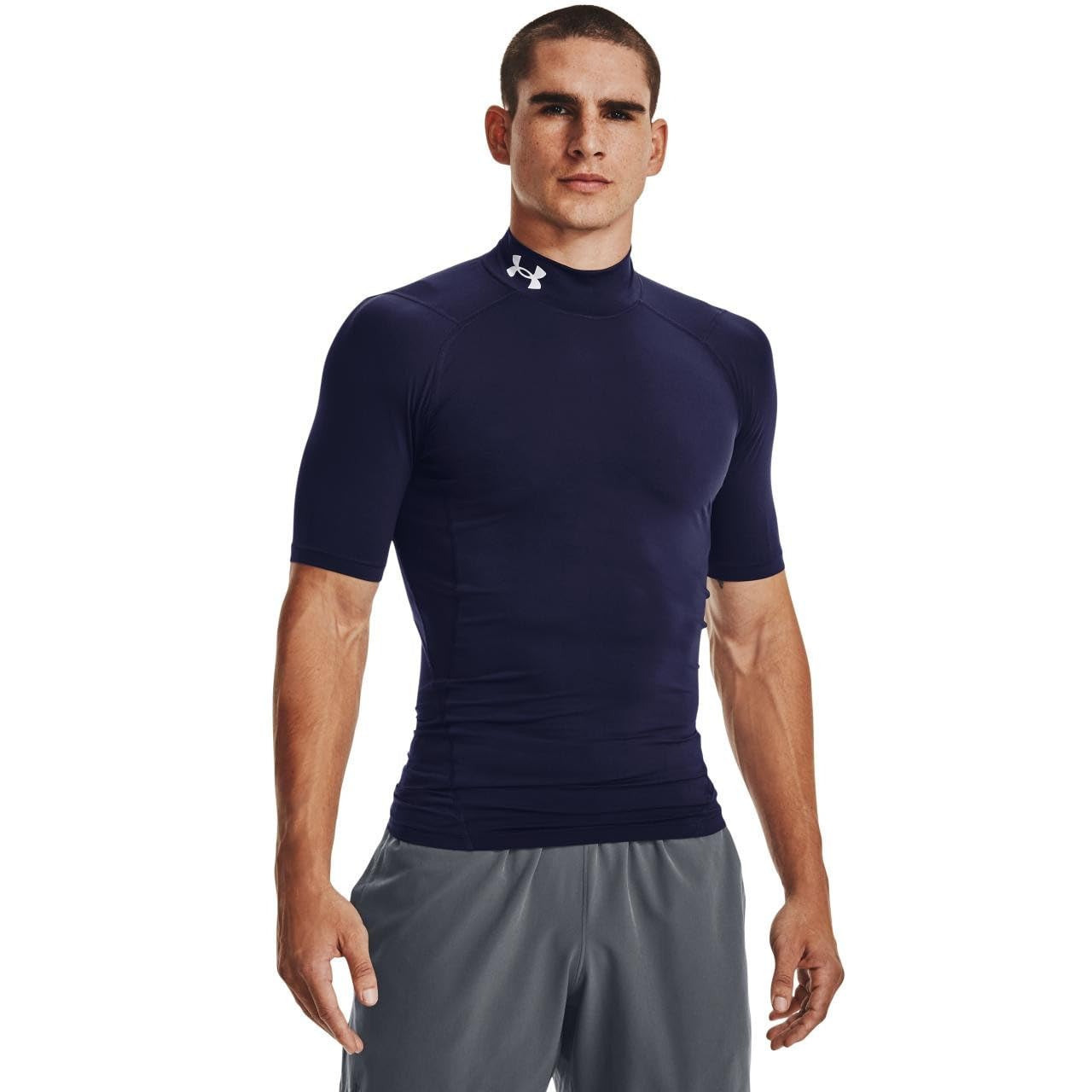 Under Armour Men's HeatGear Armour Comp Mock Short Sleeve T-Shirt, Midnight Navy (410)/White, Medium